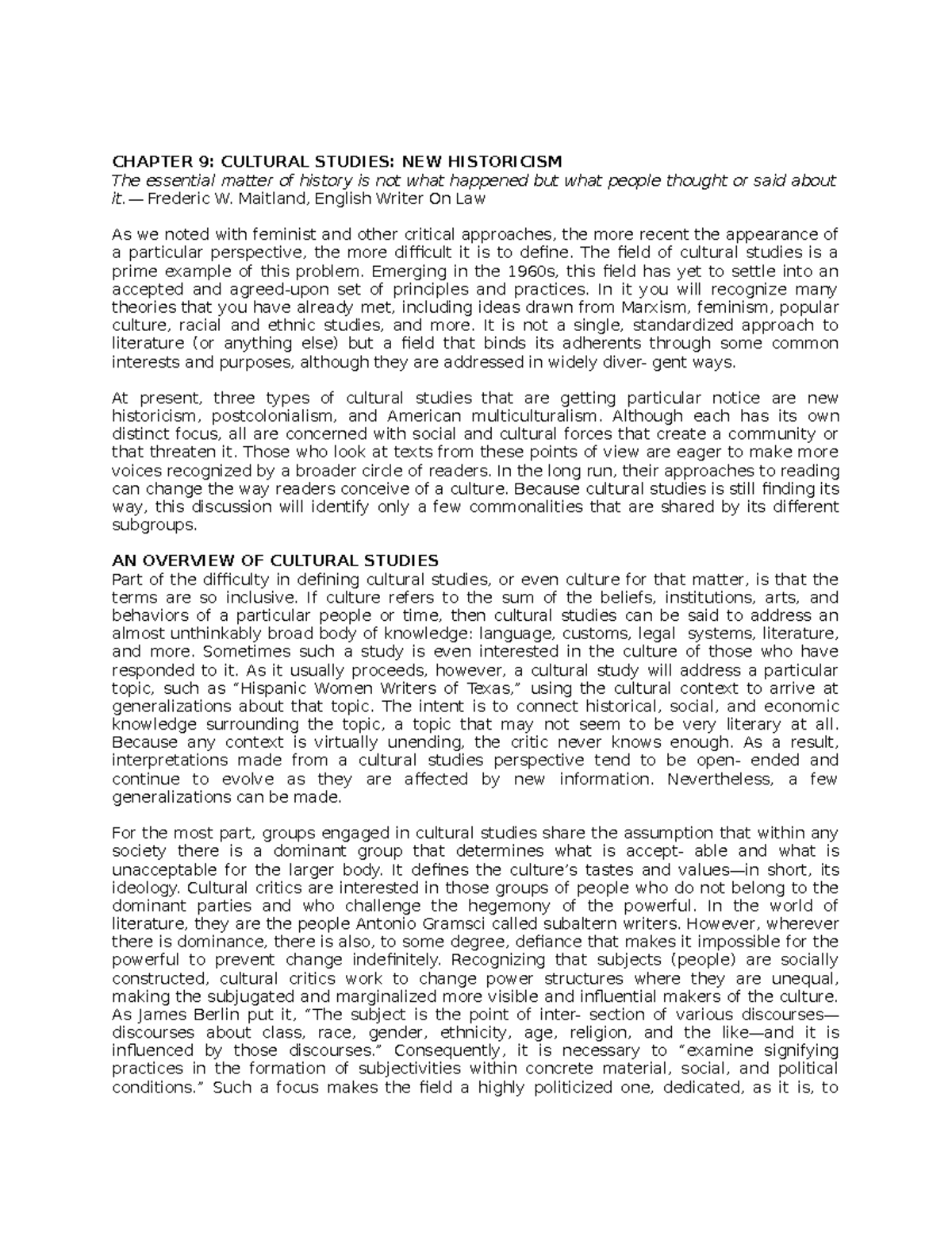 Literary Criticism Chapter 9 - CHAPTER 9: CULTURAL STUDIES: NEW ...