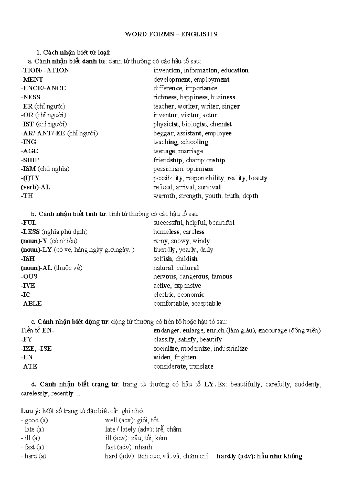 WORD FORM 9 HK1 HK2 - word form lớp 9 sách cũ - WORD FORMS – ENGLISH 9 Cách nhận biết từ loại: a ...