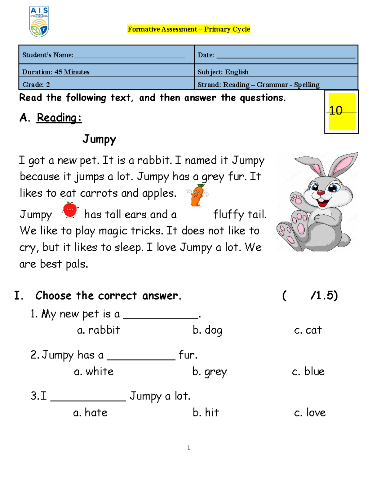 Gr 2 Entrance Test 2023 - 2024 - 10 Formative Assessment – Primary ...