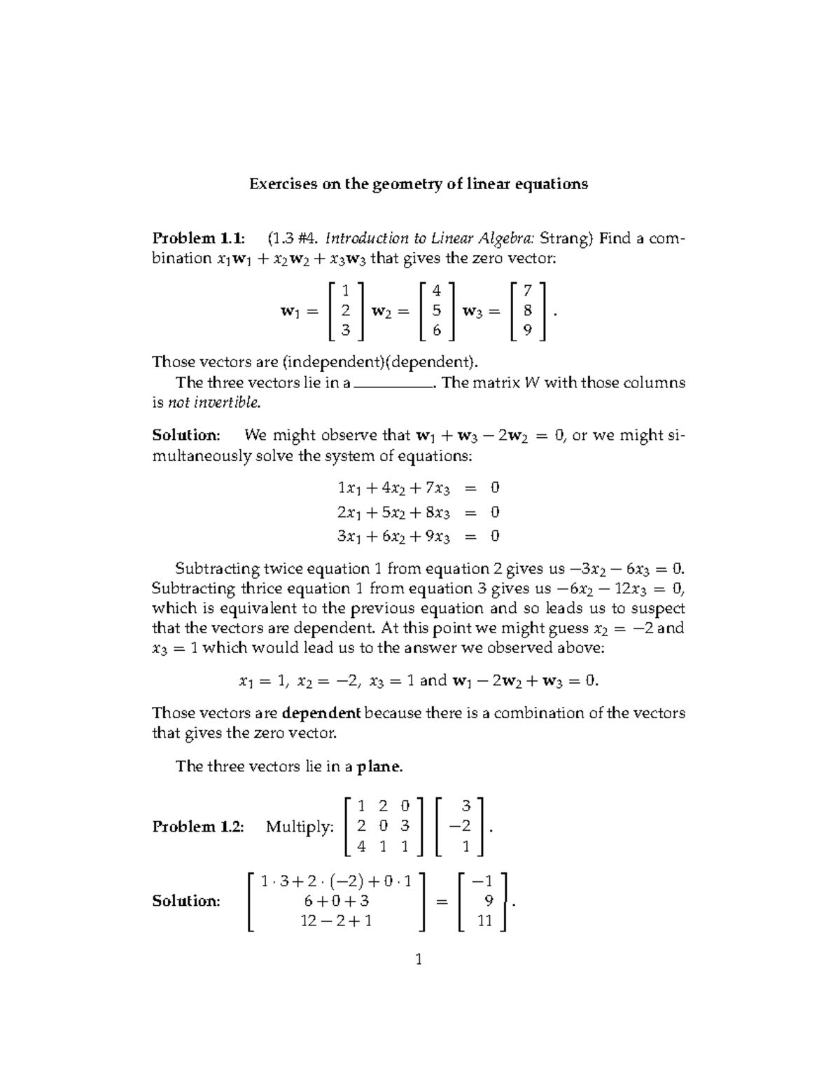 Exercises on the geometry of linear equations - Introduction to Linear ...