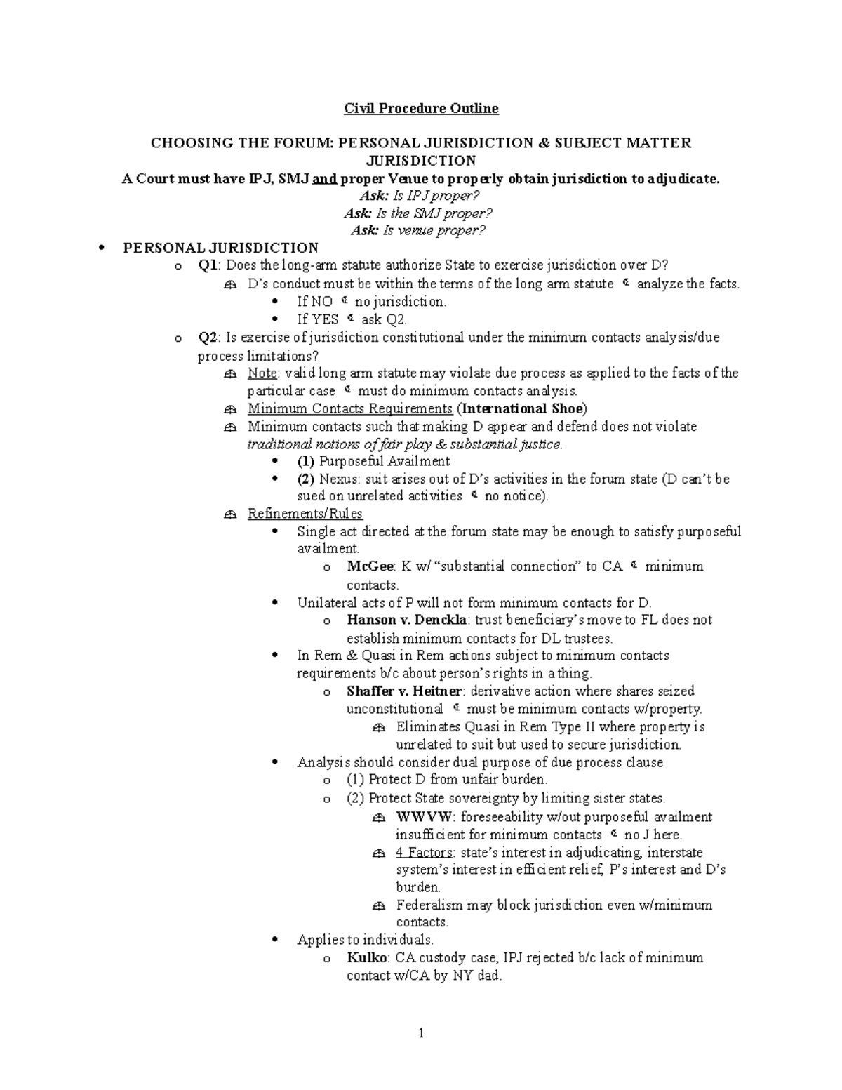 Civil Procedure Outline - Professor Pearce - Civil Procedure Outline ...