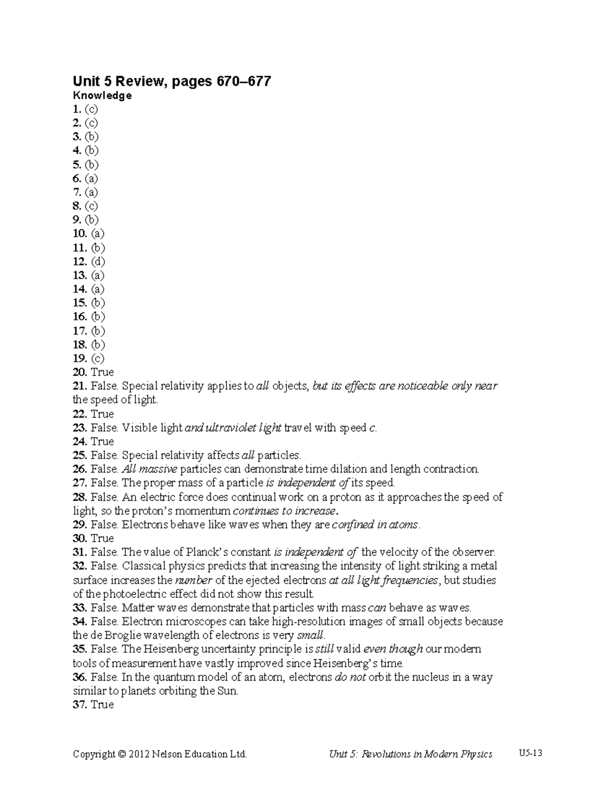 Phys12 Unit 5 Review - Unit 5 Review, pages 670– Knowledge (c) (c) (b ...
