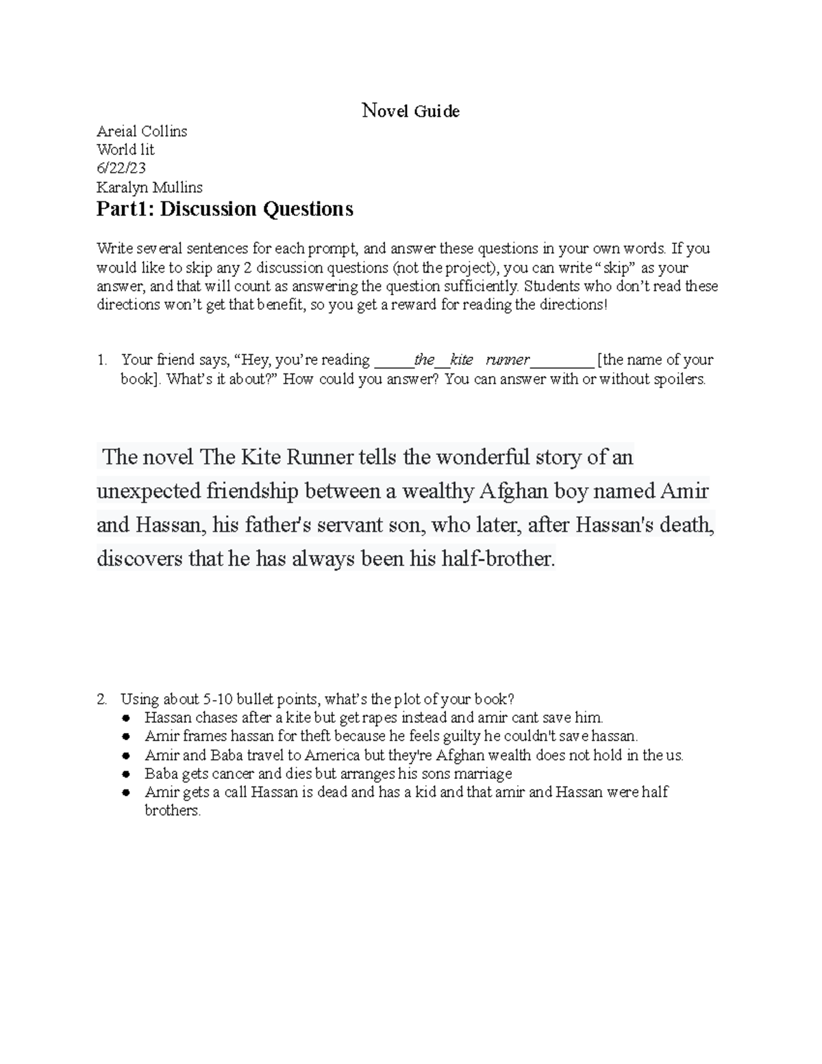 Novel Guide - Novel Guide Areial Collins World lit 6/22/ Karalyn ...