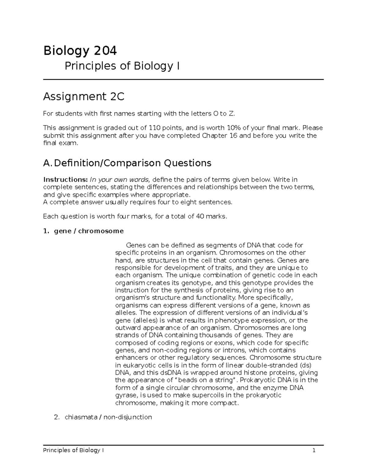 Assign 2c - Biology 204 Principles of Biology I Assignment 2C For ...
