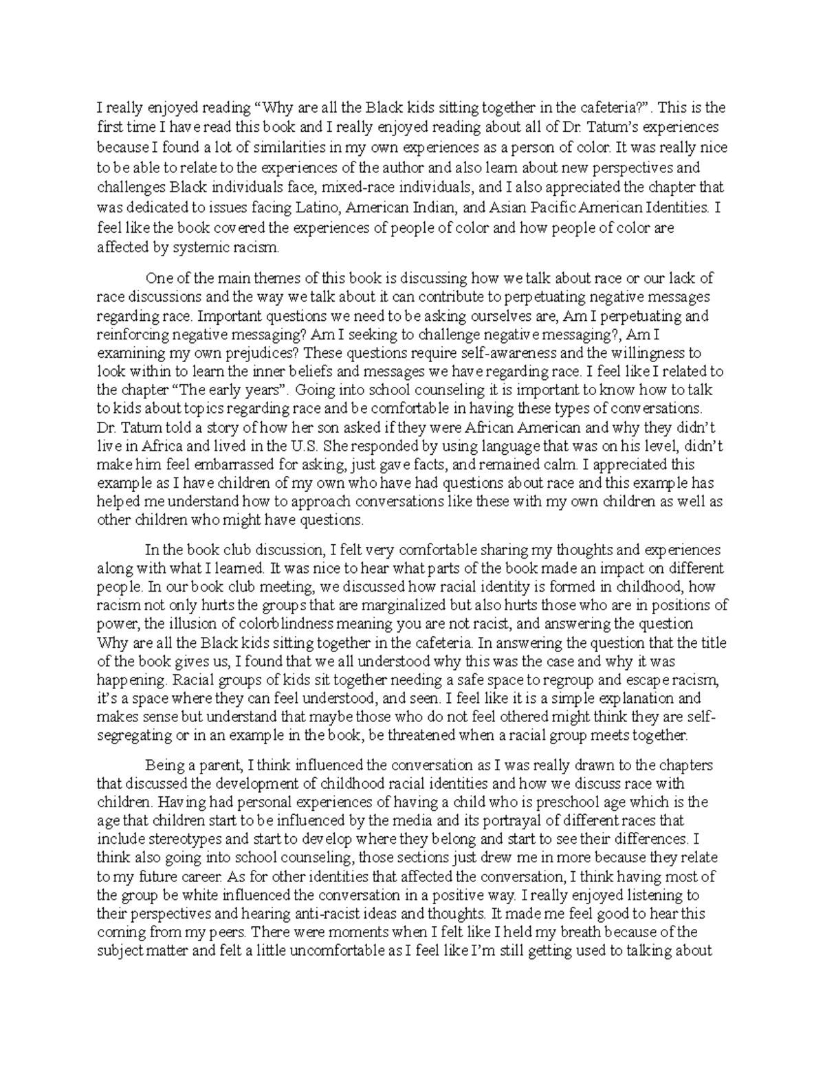 Book Club paper - Book Club - I really enjoyed reading “Why are all the ...