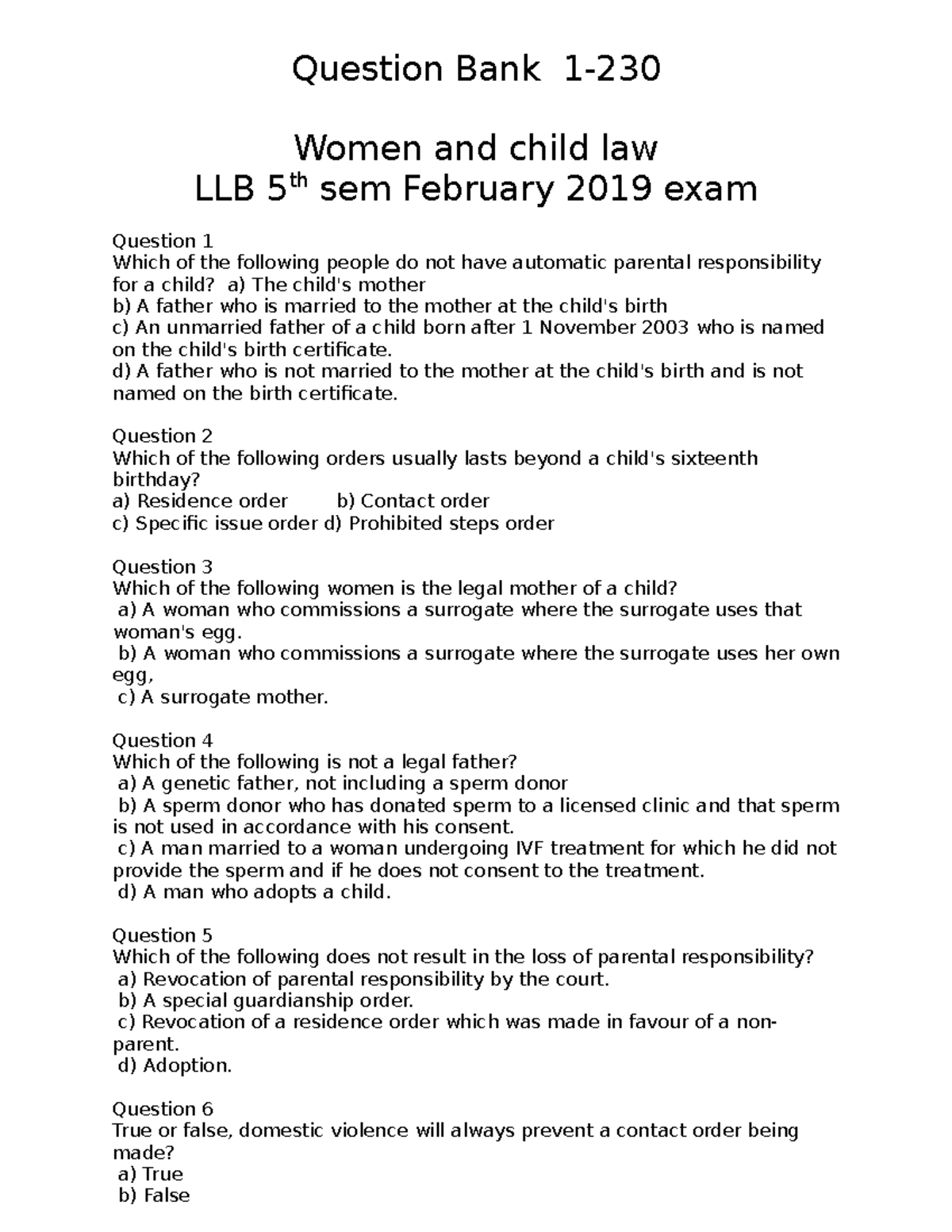 Women and child law 230 - Assignments - Question Bank 1- Women and ...