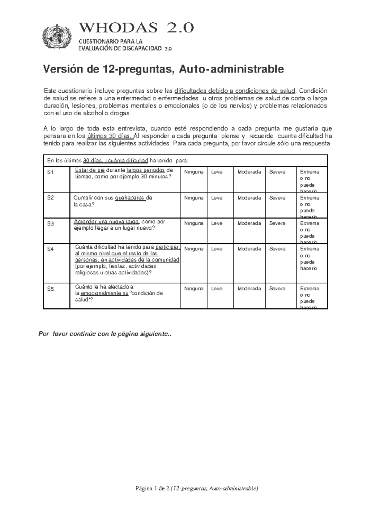 Whodas 2 - evaluacion - WHODAS 2. CUESTIONARIO PARA LA EVALUACIÓN DE ...