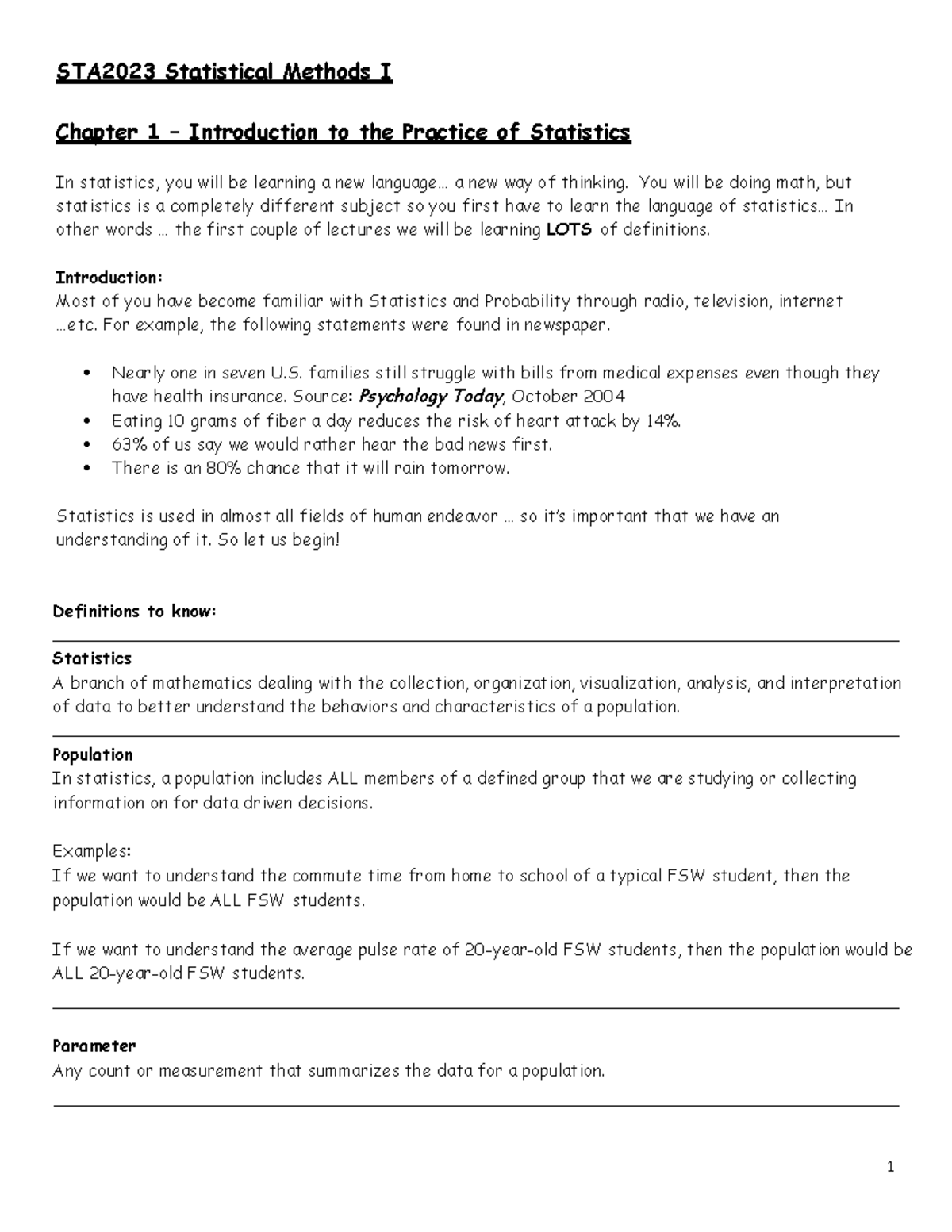 Chapter 01 Lecture Notes with Answers - STA2023 Statistical Methods I ...