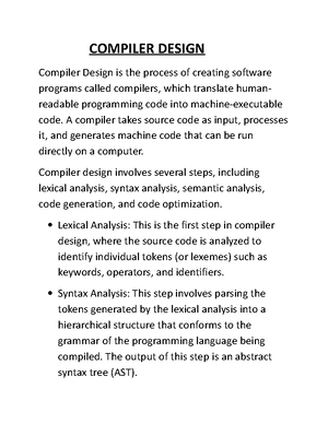 Compiler Design 2 - EXPLAINING ALL TOPIC 1. Definition of Compiler Design: Compiler Design is ...