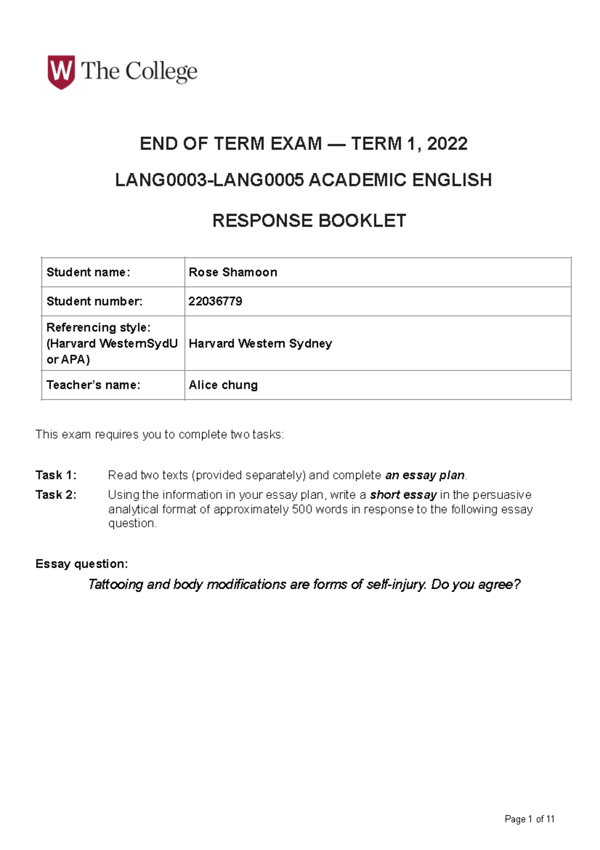 Academic English 2022.1 End of Term Exam Response Booklet v1 - END OF ...