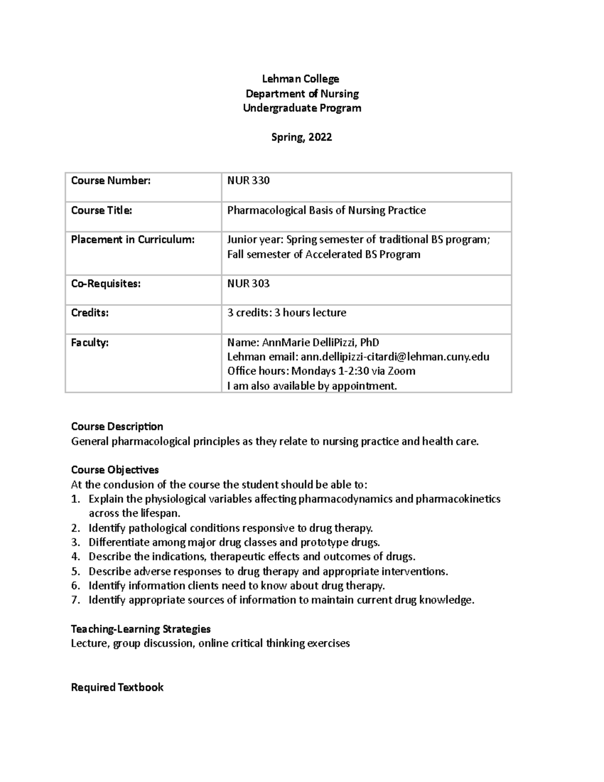 NUR 330 Syllabus Spring 2022 - Lehman College Department of Nursing ...