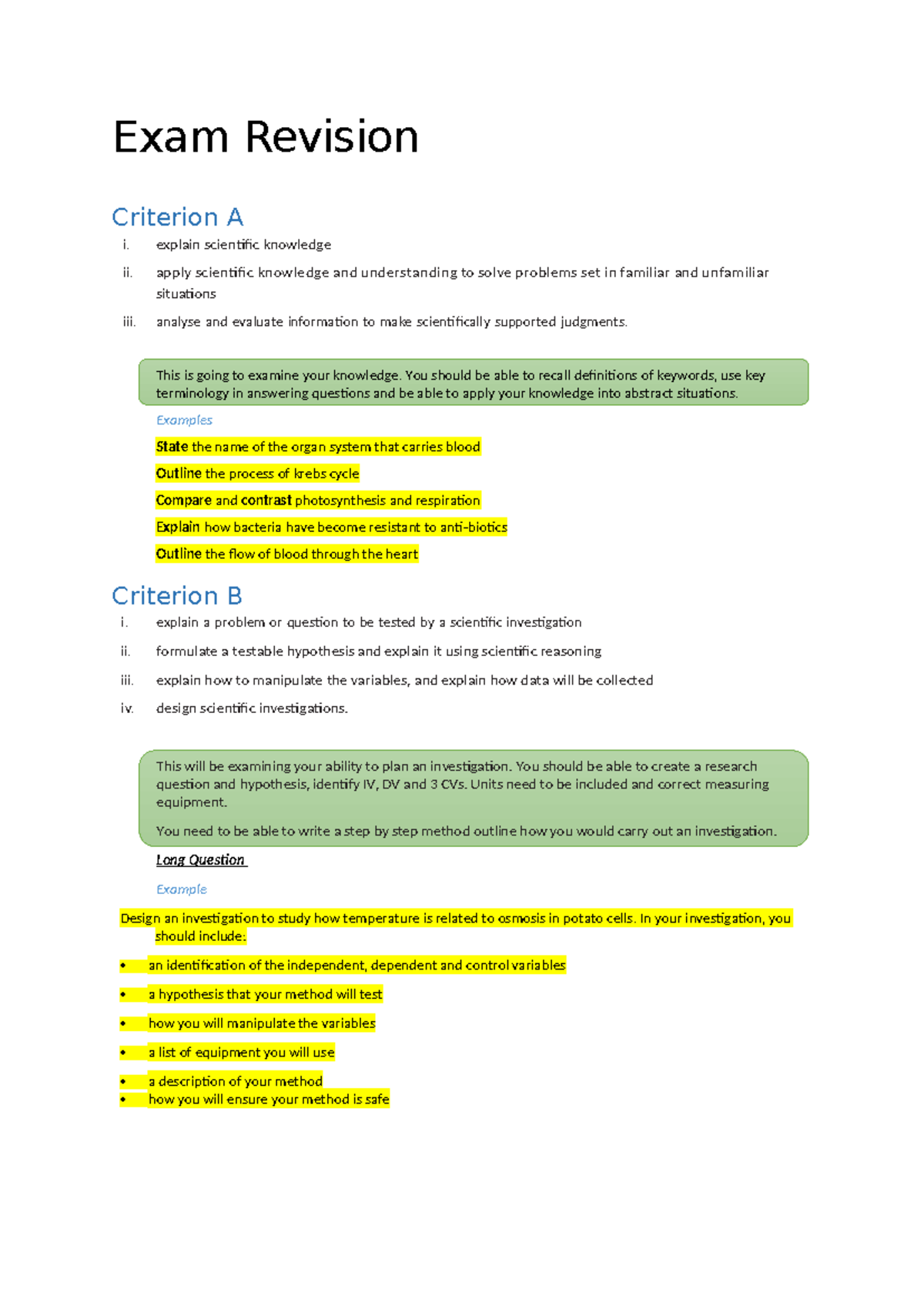 Assessment Revision Guide - Exam Revision Criterion A i. explain ...