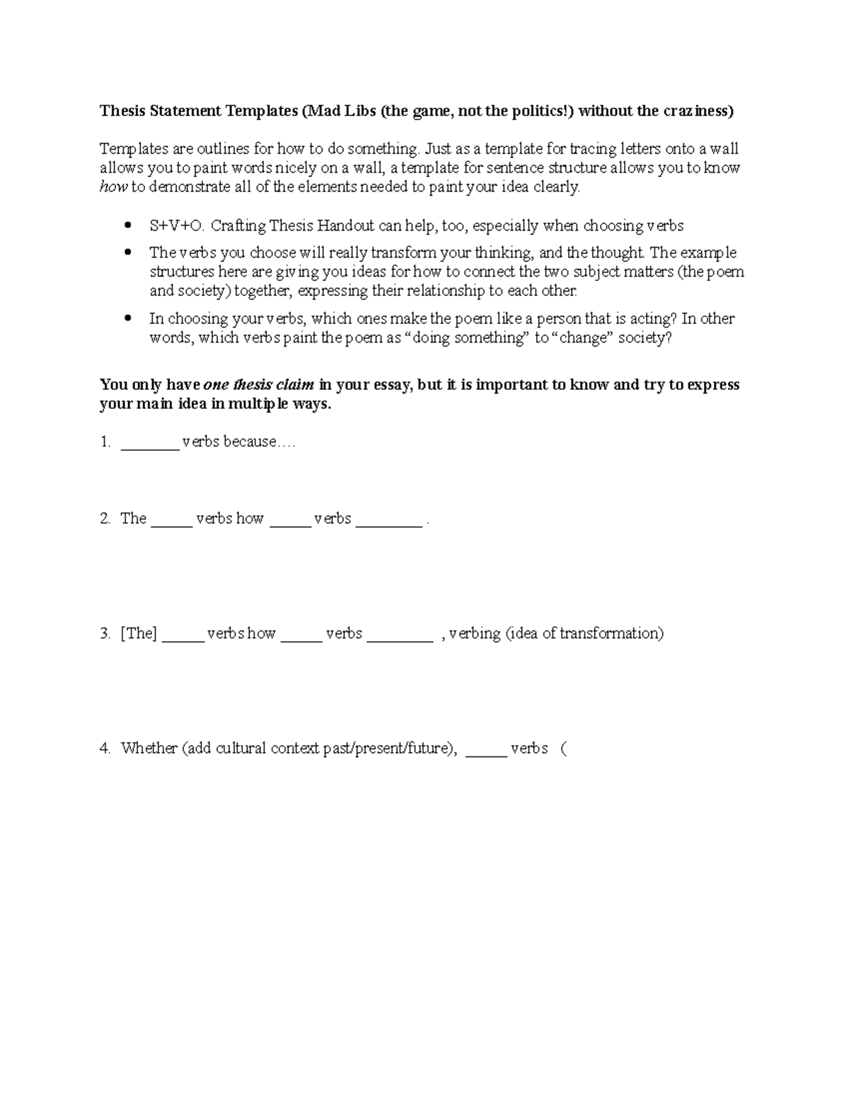 Thesis Statement Templates for Poetry Handout - Thesis Statement ...