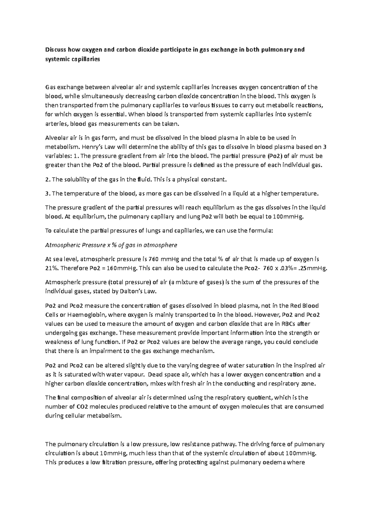 PL1002 - O2 and CO2 in gas exchange in pulmonary and systemic ...