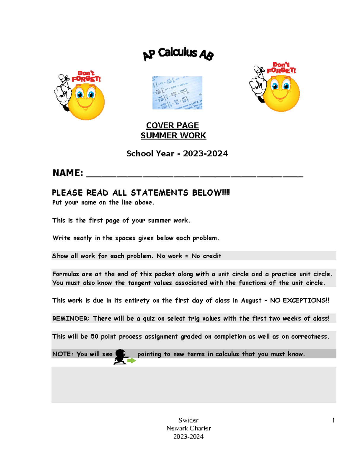 AP Calculus AB - Summmer WORK - Final Copynew(2023-2024) - Swider ...