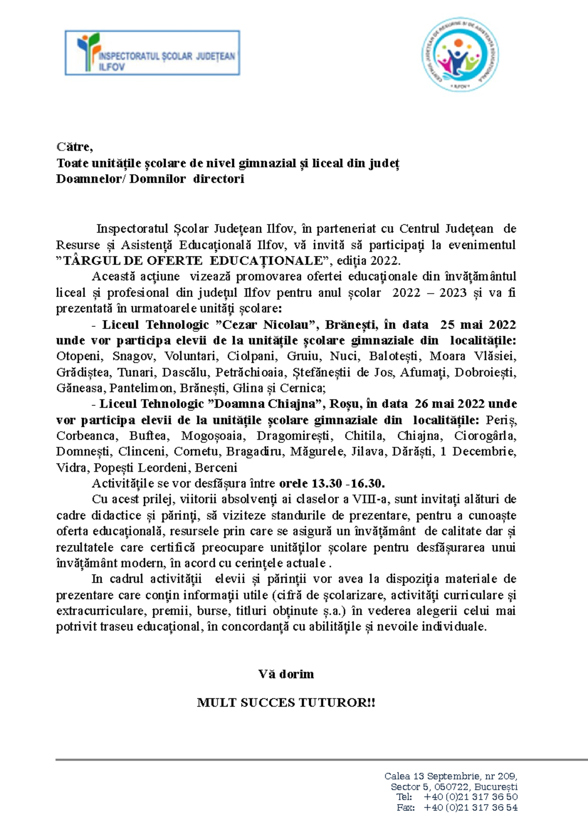 Targ de oferta educationala 2022 ISJ-1 - Către, Toate unitățile școlare ...