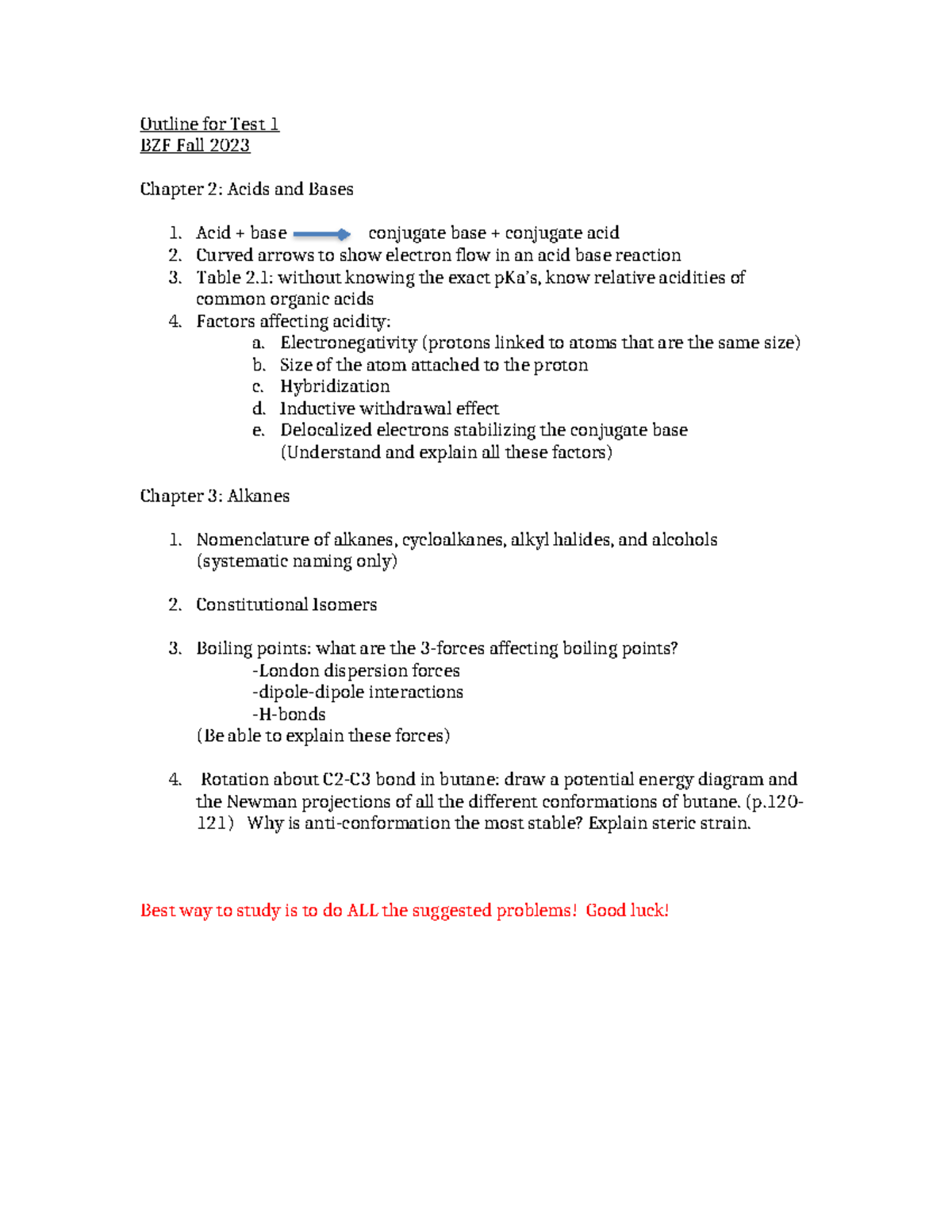 Outline Test 1 BZF 2023 - Outline for Test 1 BZF Fall 2023 Chapter 2 ...