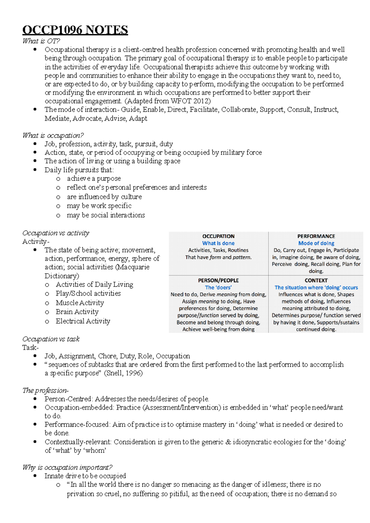 OCCP1096 Notes wk 1-2 - OCCP1096 NOTES What is OT? Occupational therapy ...