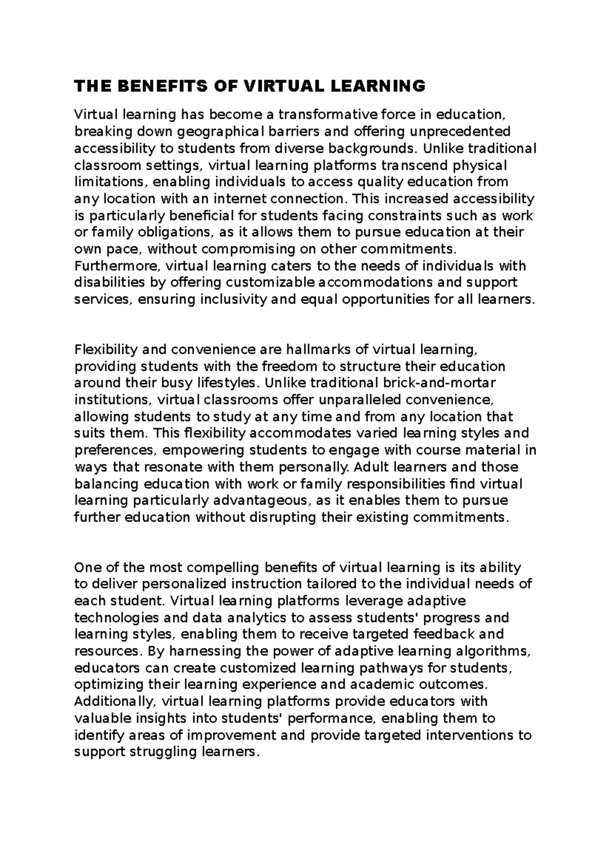 All essays needed for Exams - THE BENEFITS OF VIRTUAL LEARNING Virtual ...