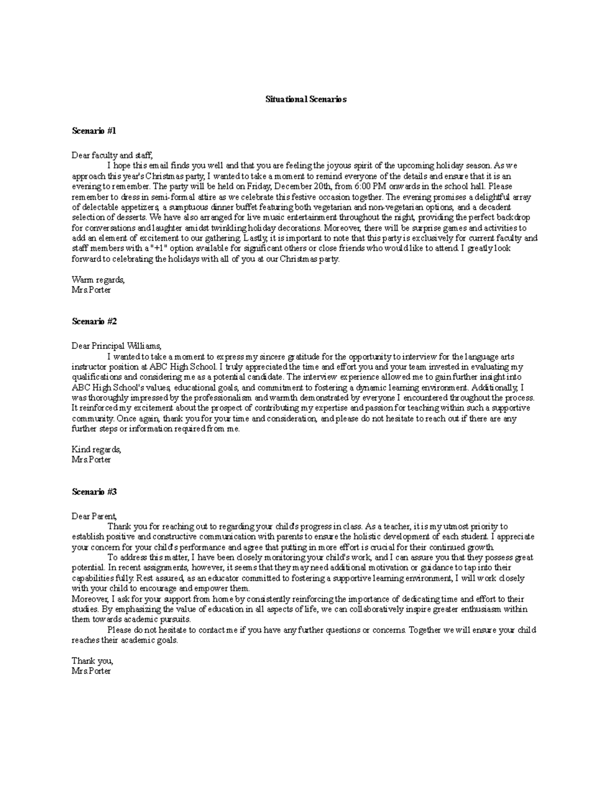Situational Scenarios - Situational Scenarios Scenario # Dear faculty ...