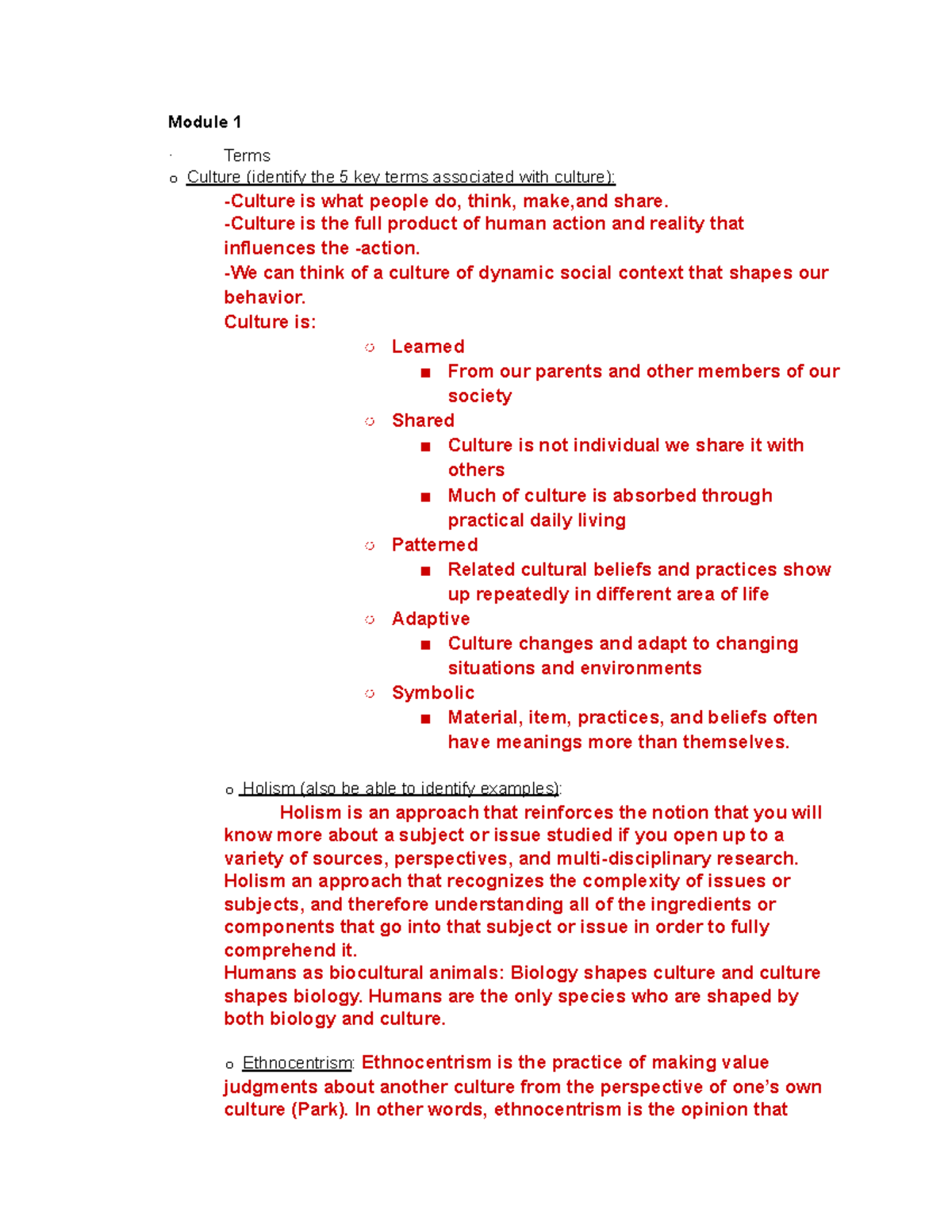 Anthropology Module 1 Study Guide - Module 1 · Terms o Culture ...