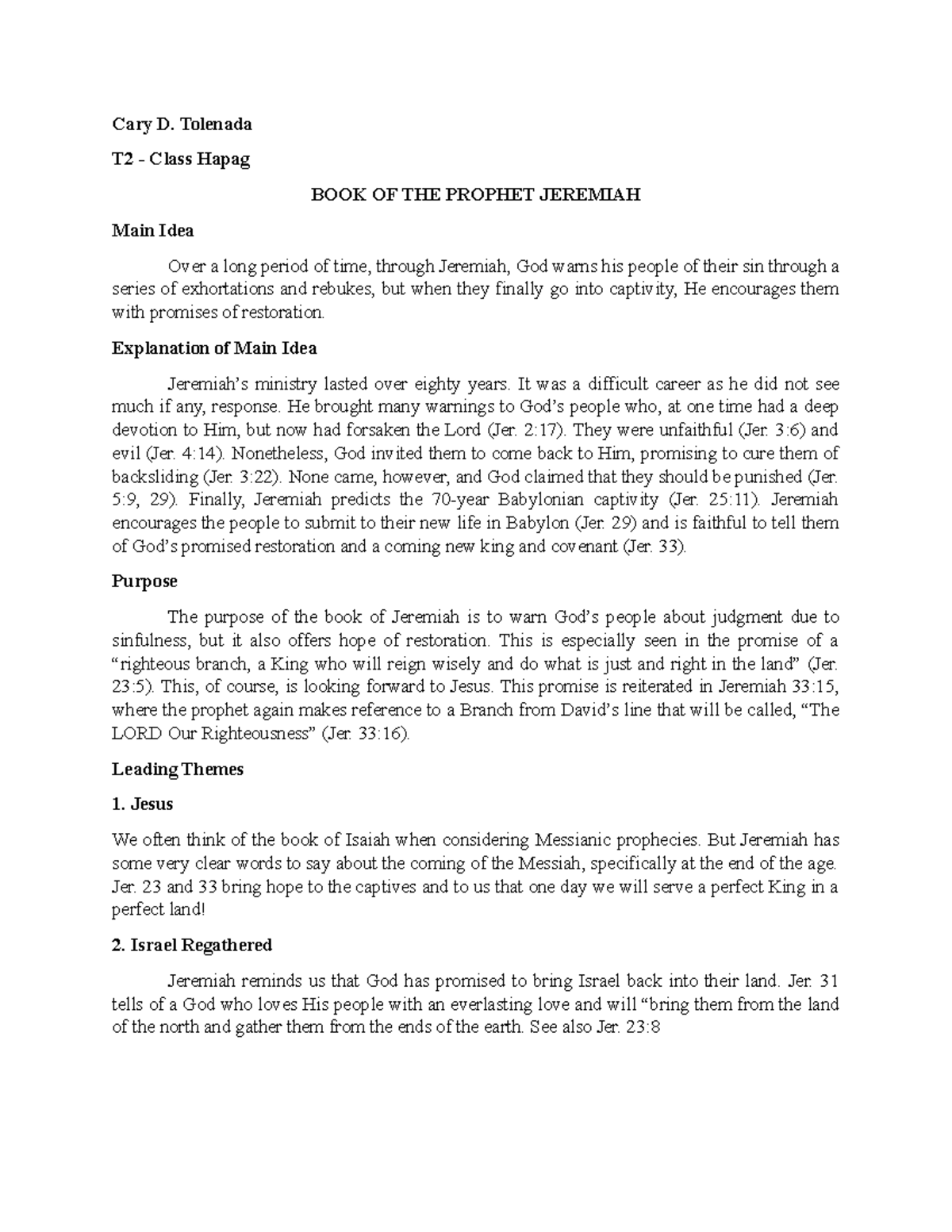 Jeremiah - none - Cary D. Tolenada T2 - Class Hapag BOOK OF THE PROPHET ...