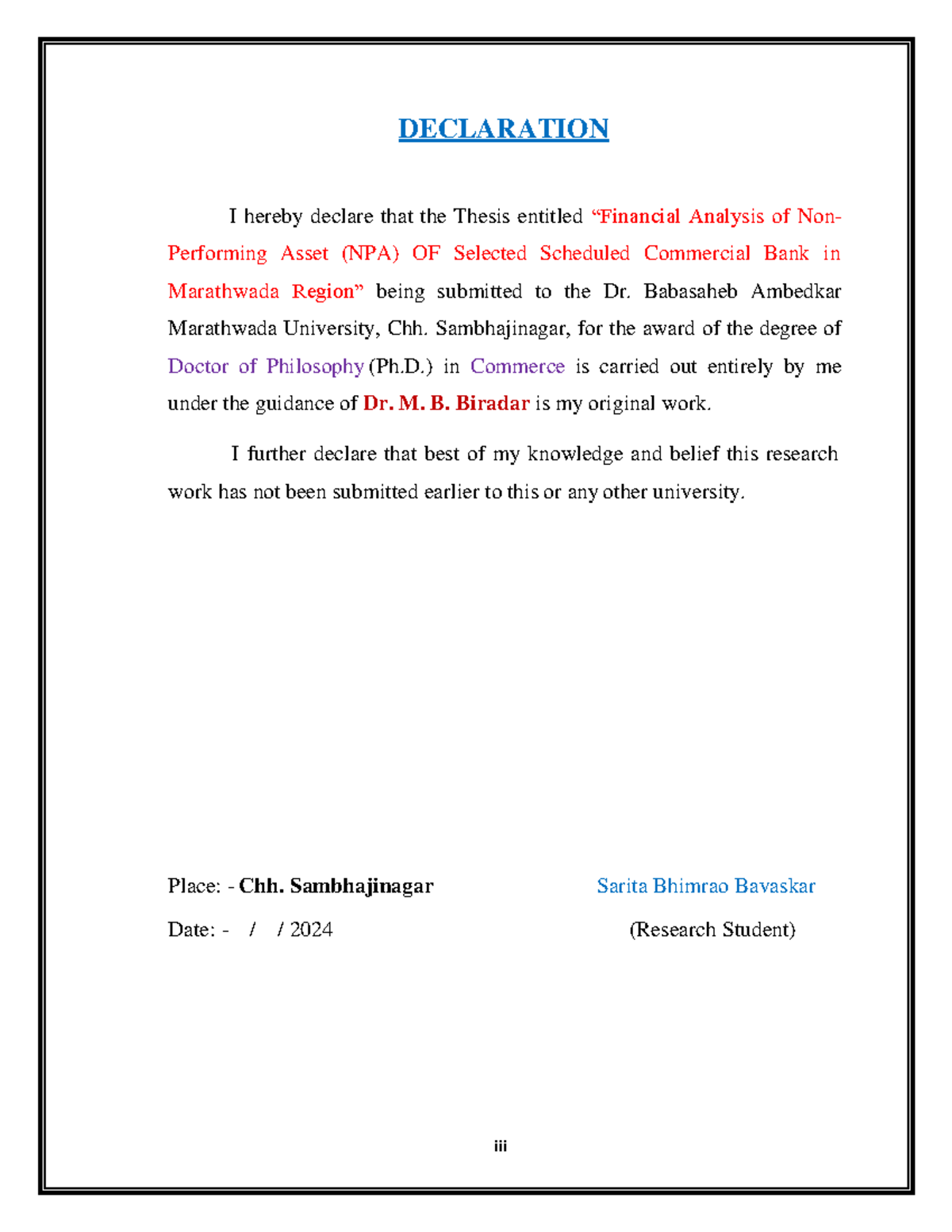 03-declaration - Lectures note - DECLARATION I hereby declare that the Thesis entitled ...
