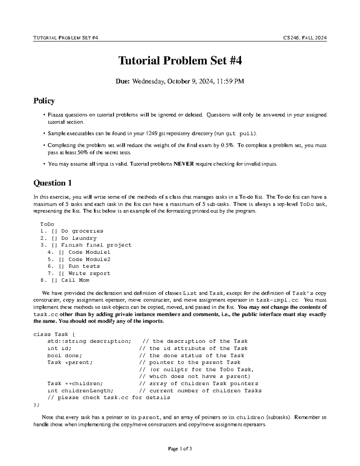 Tutorial 04 - TUTORIAL PROBLEM SET #4 CS246, FALL 2024 Tutorial Problem Set Due: Wednesday ...