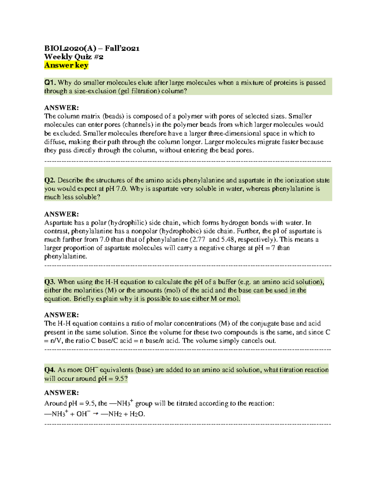 Quiz 2 - Short-answer Key - BIOL2020(A) – Fall’202 1 Weekly Quiz ...