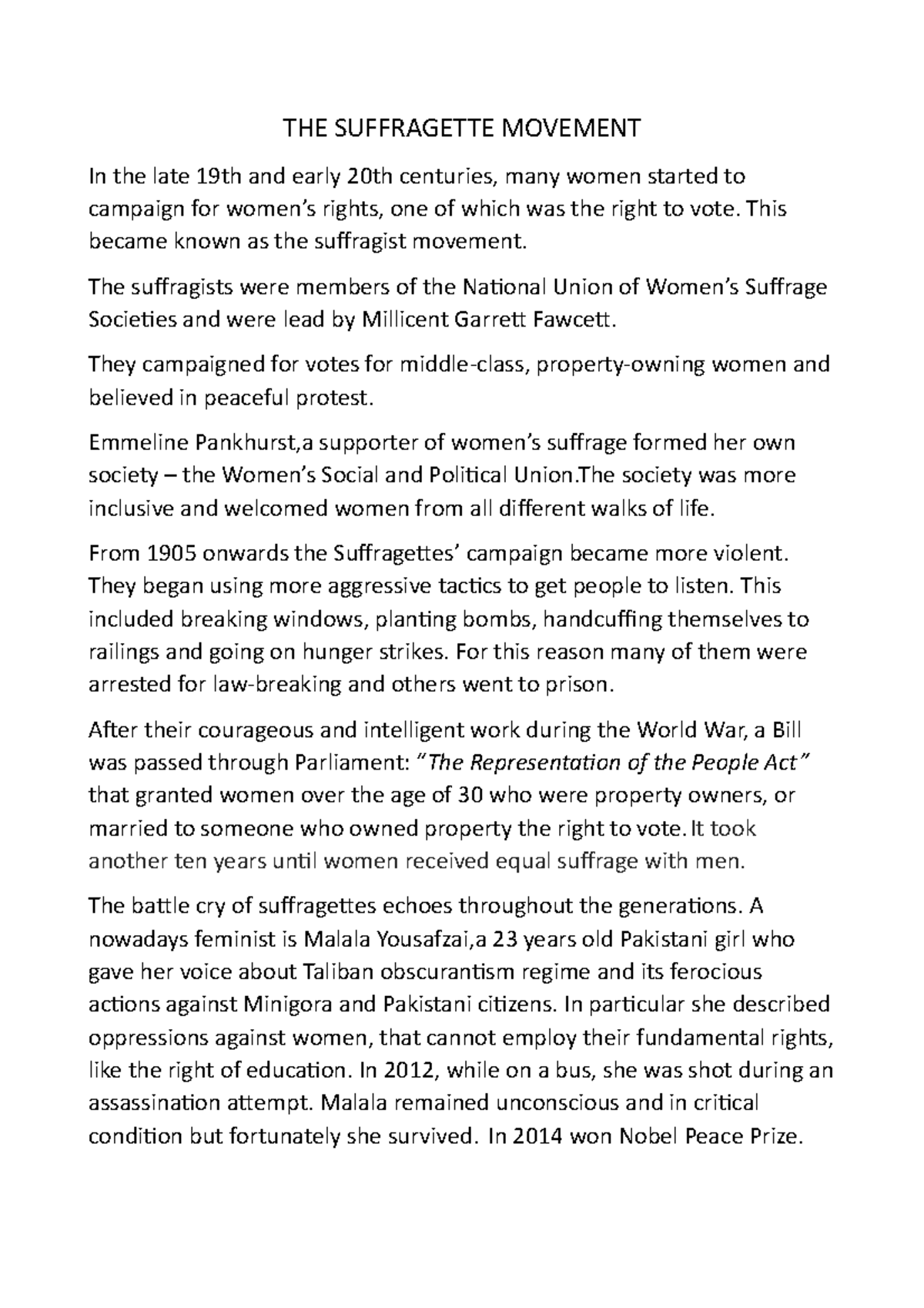 THE Suffragette Movement - THE SUFFRAGETTE MOVEMENT In the late 19th ...
