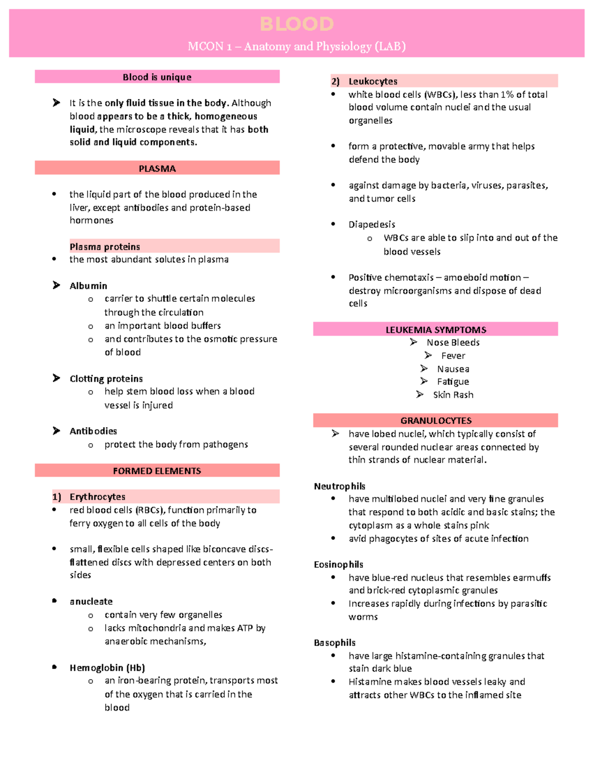 Anaphy LAB- Transes - Blood is unique It is the only fluid tissue in ...