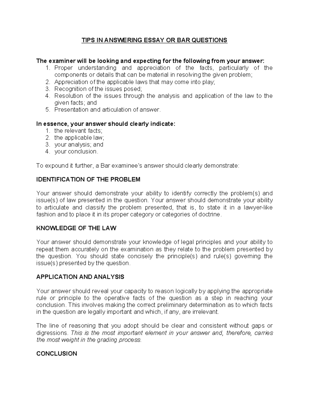 Tips in answering essay or bar questions - TIPS IN ANSWERING ESSAY OR ...
