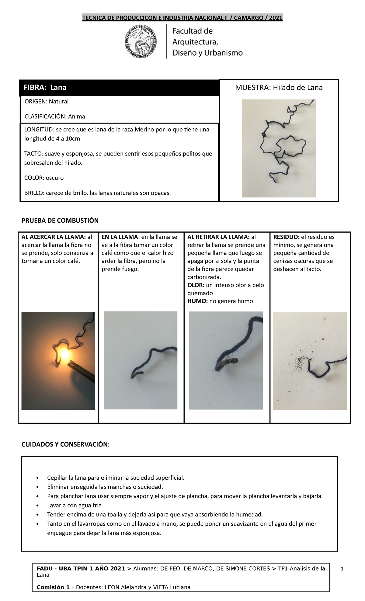 Ficha muestra hilado de lana tecnicas Camargo - TECNICA DE PRODUCCICON ...