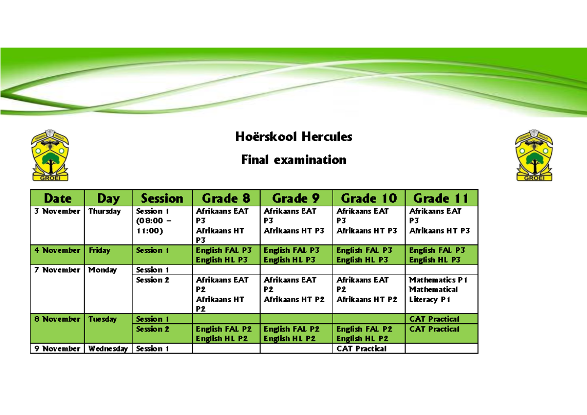 Hsh grade 8 to grade 11 final examination timetable 2022 - Hoërskool ...