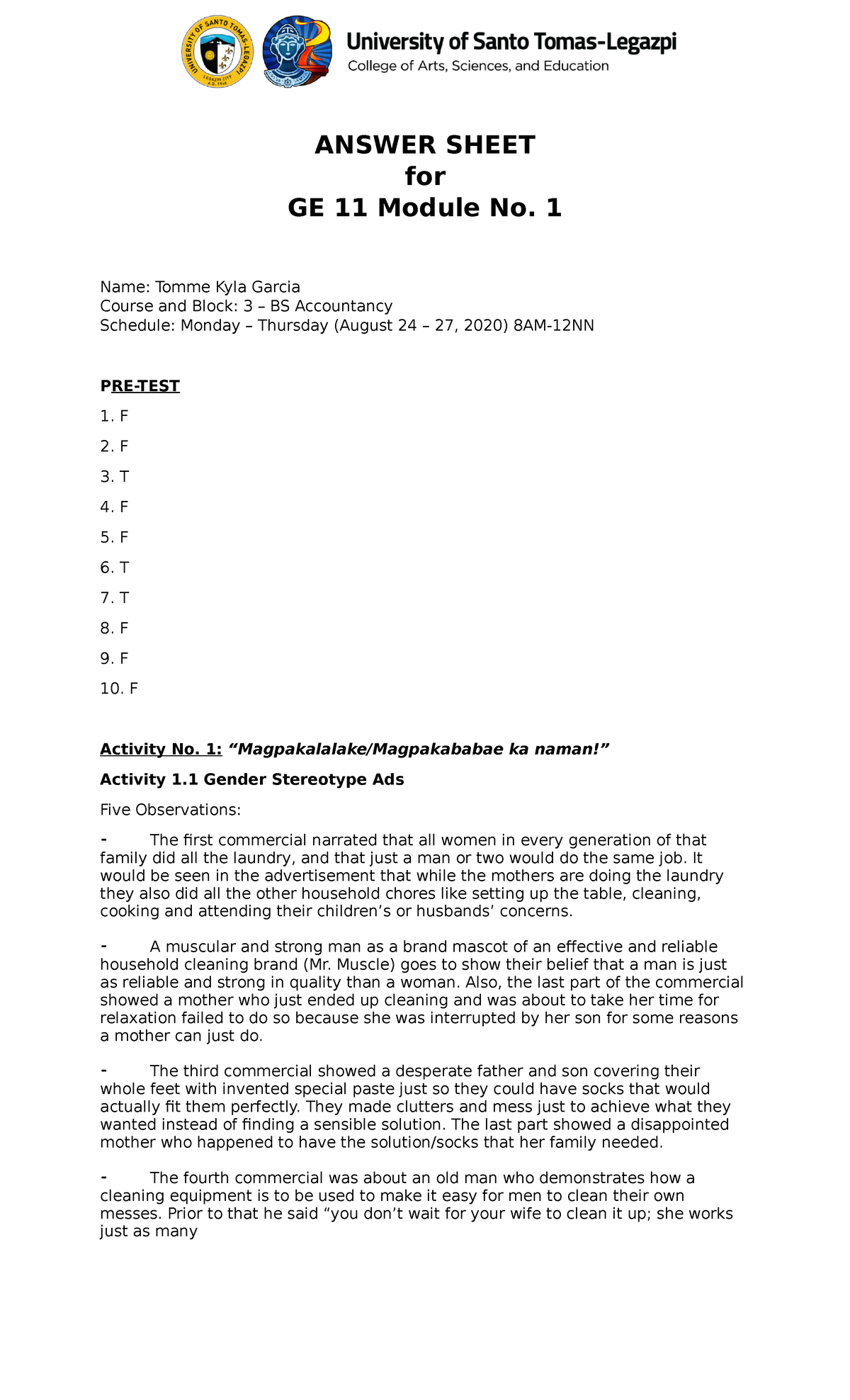 GE 11 Module No. 1 Answer Sheet - ANSWER SHEET for GE 11 Module No. 1 ...