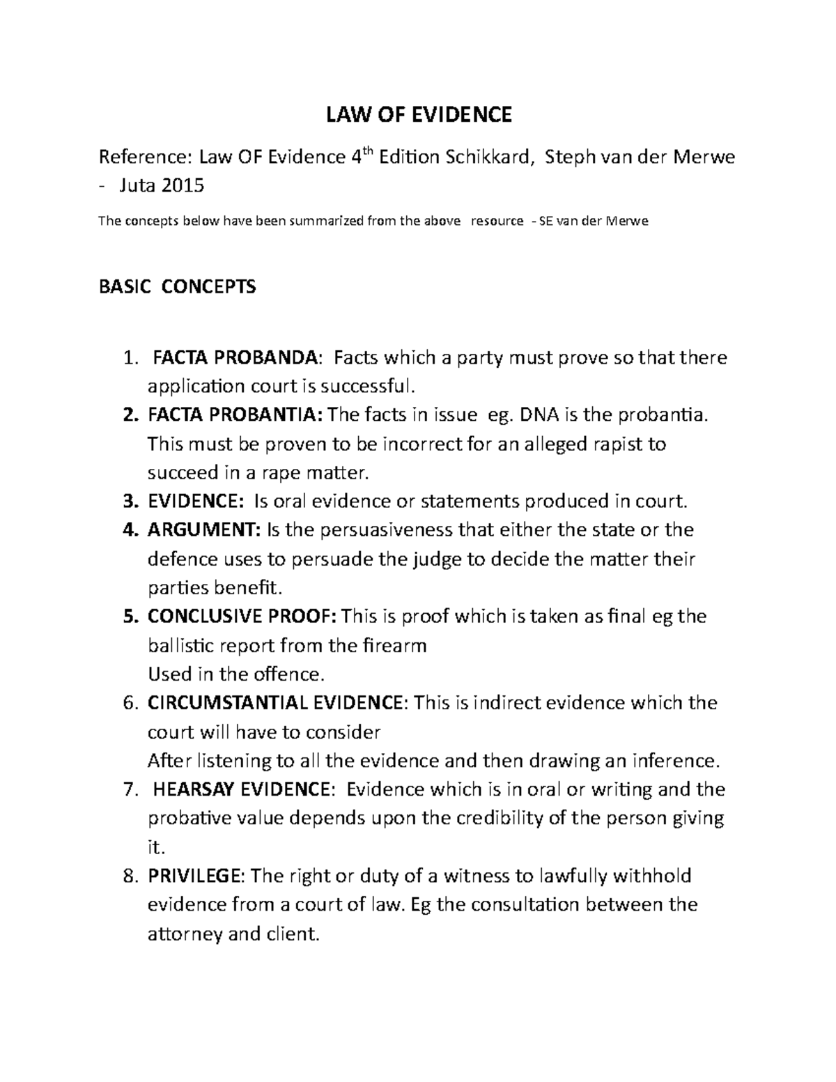 Lesson 1 Evidence - Lecture notes 4 - LAW OF EVIDENCE Reference: Law OF ...