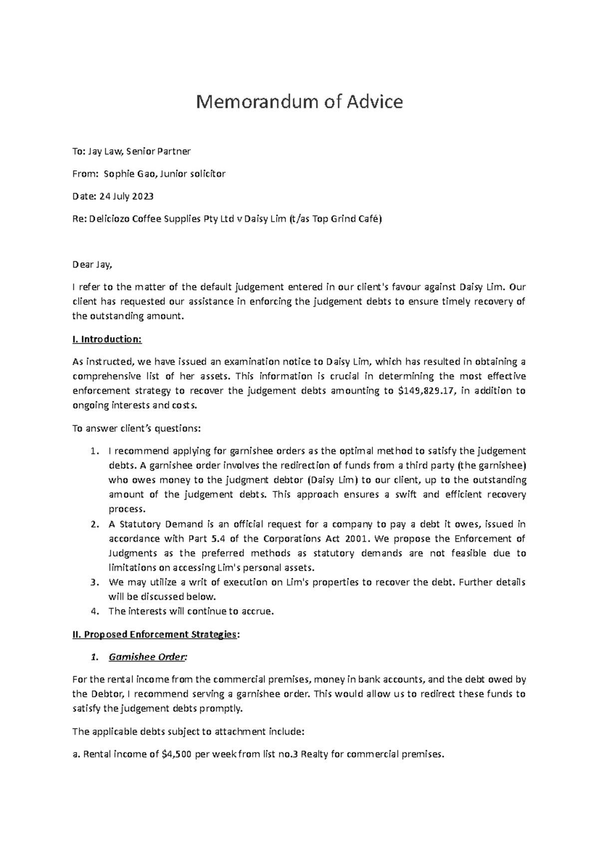3.1 Memorandum of Advice - Memorandum of Advice To: Jay Law, Senior ...