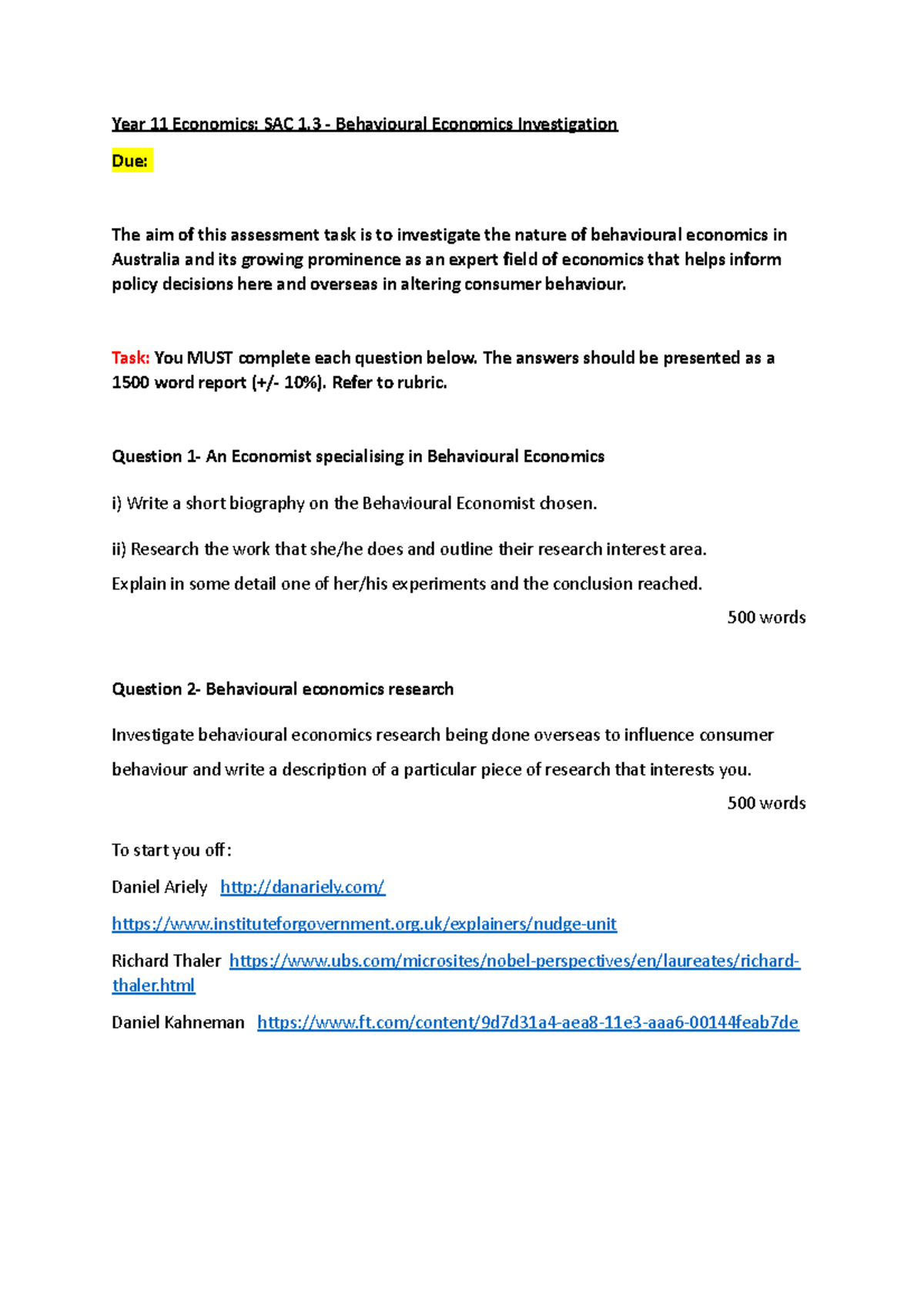 11 ECO U1 AOS 3 BE Task - Tutorials materials - Year 11 Economics: SAC ...
