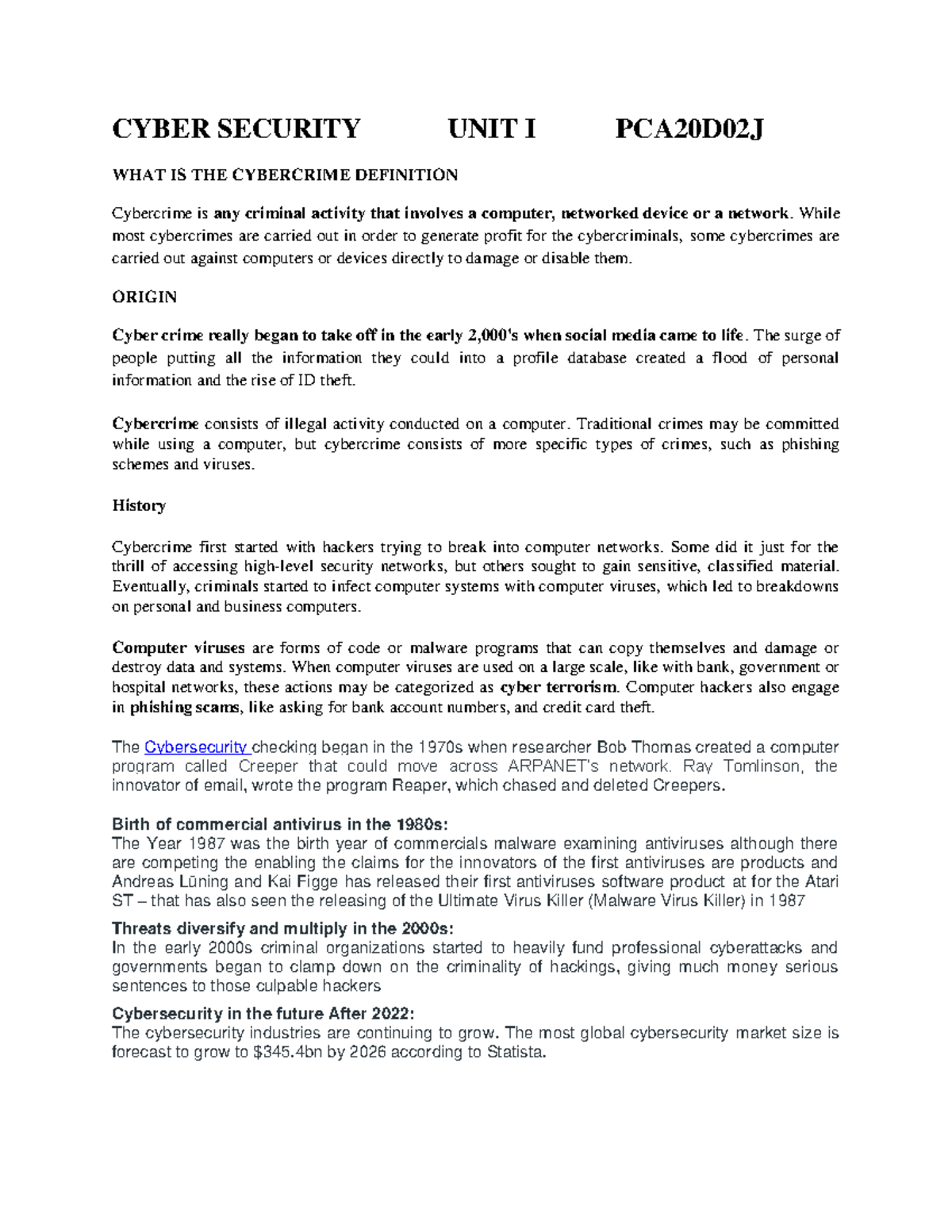 Cyber Security UNIT I PCA20D02J - notes - CYBER SECURITY UNIT I ...