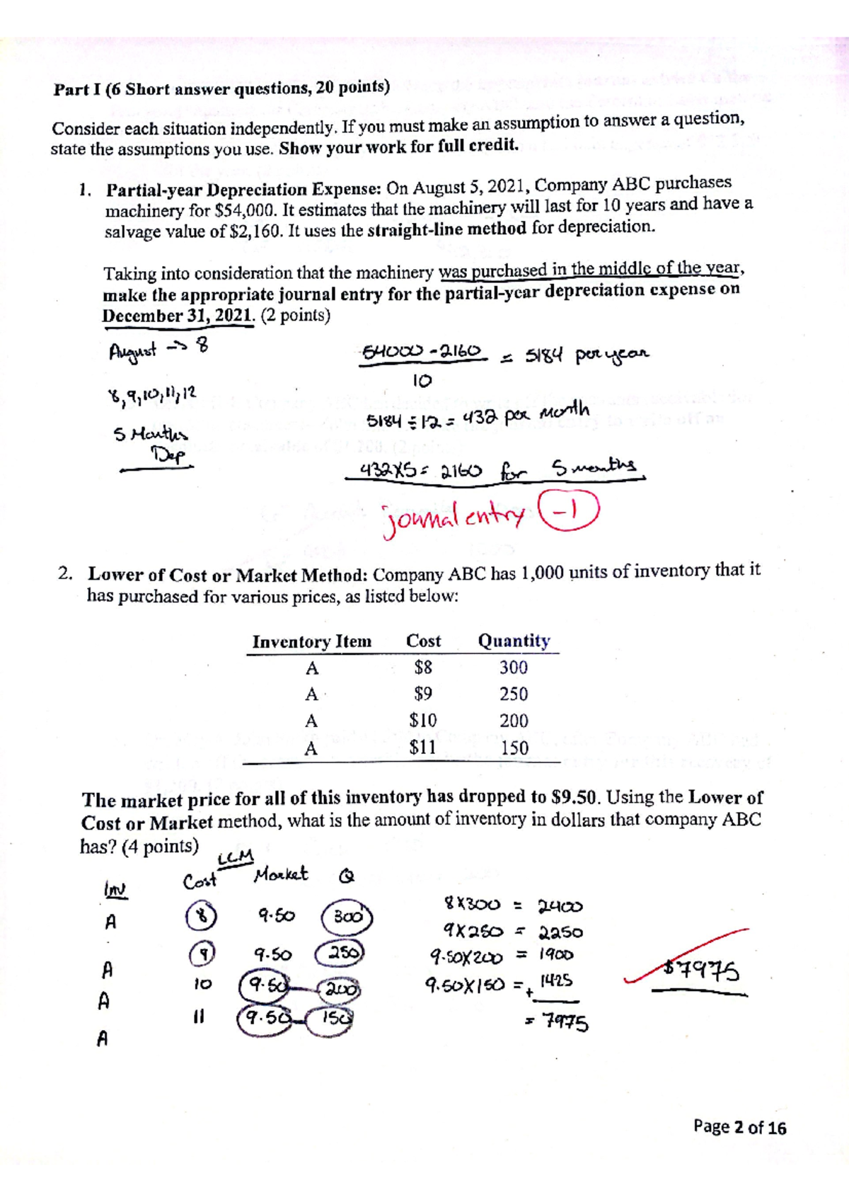 Exam 2 Part 1 - Questions from exam 2 part 1 - Depreciation/Accounts ...
