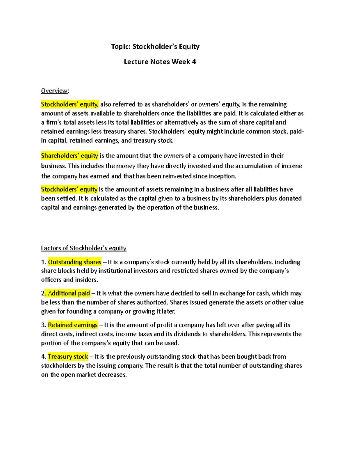 Stockholders equity - Topic: Stockholder’s Equity Lecture Notes Week 4 ...
