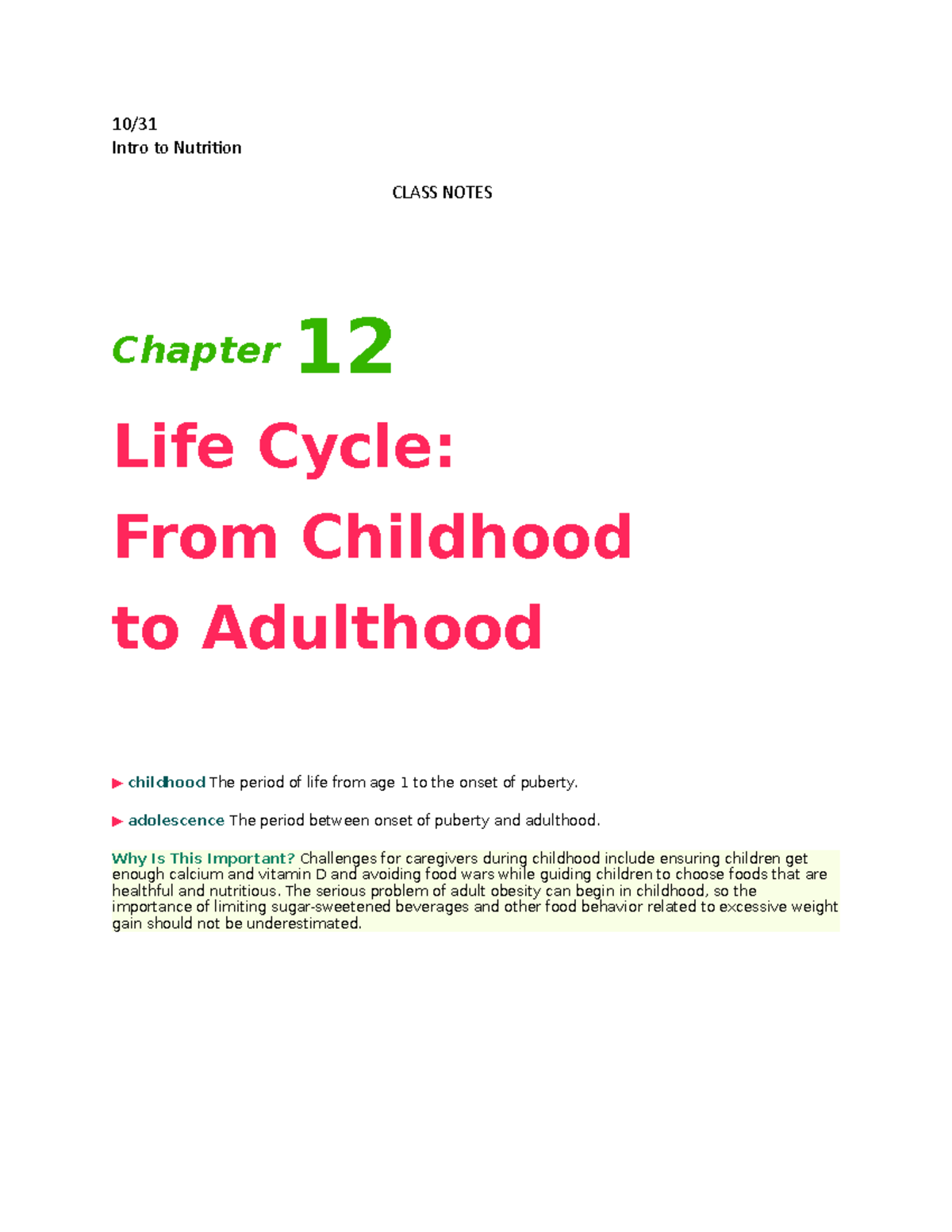 10:31 nutrition - 10/ Intro to Nutrition CLASS NOTES Chapter 12 Life ...