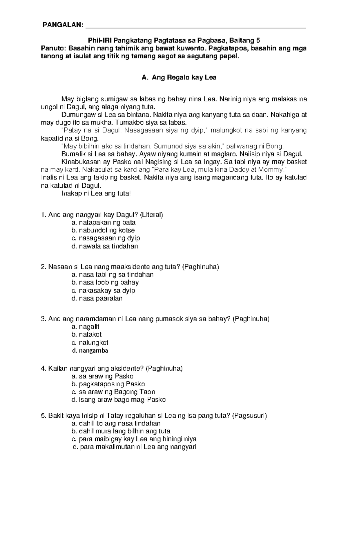 GST Passage Grades 5 - Group Screening Test for Phil-IRI - PANGALAN ...