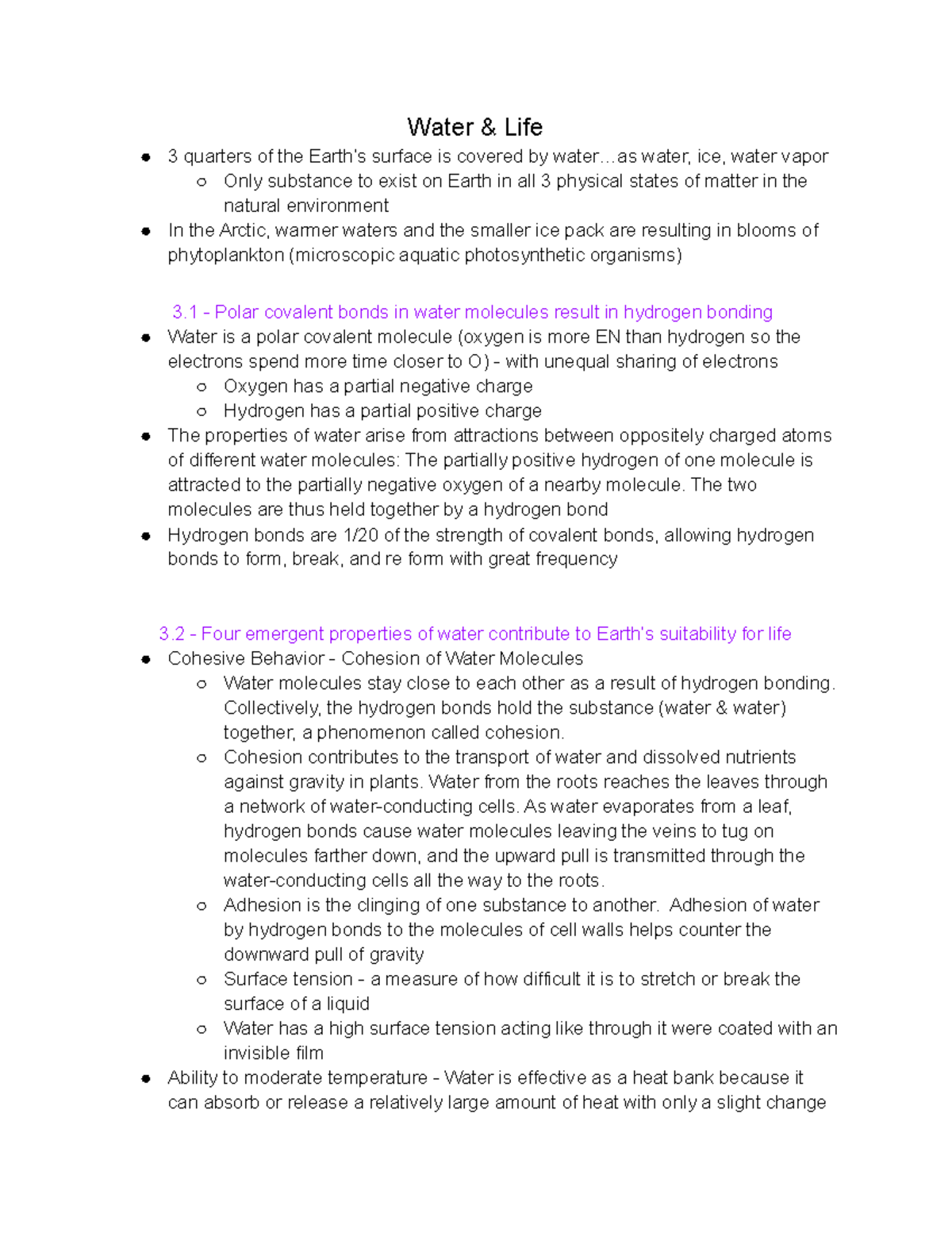 211 Ch.3 Reading Notes - Water & Life 3 quarters of the Earth’s surface ...