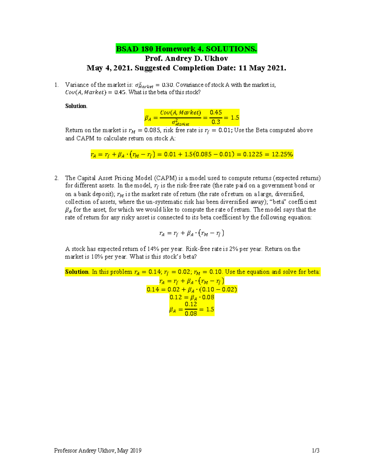 BSAD 180 homework 4 - Ukhov: with answers - Professor Andrey Ukhov, May ...