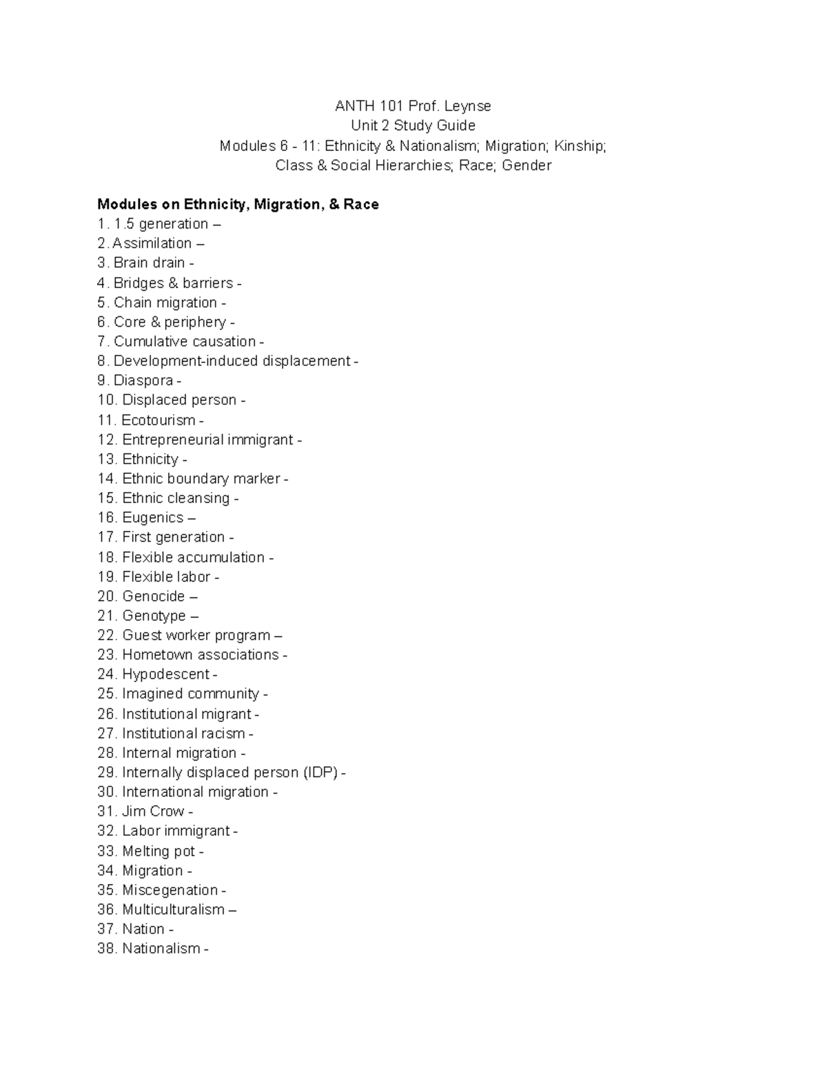 ANTH 101 Unit 2 Vocab - ANTH 101 Prof. Leynse Unit 2 Study Guide ...