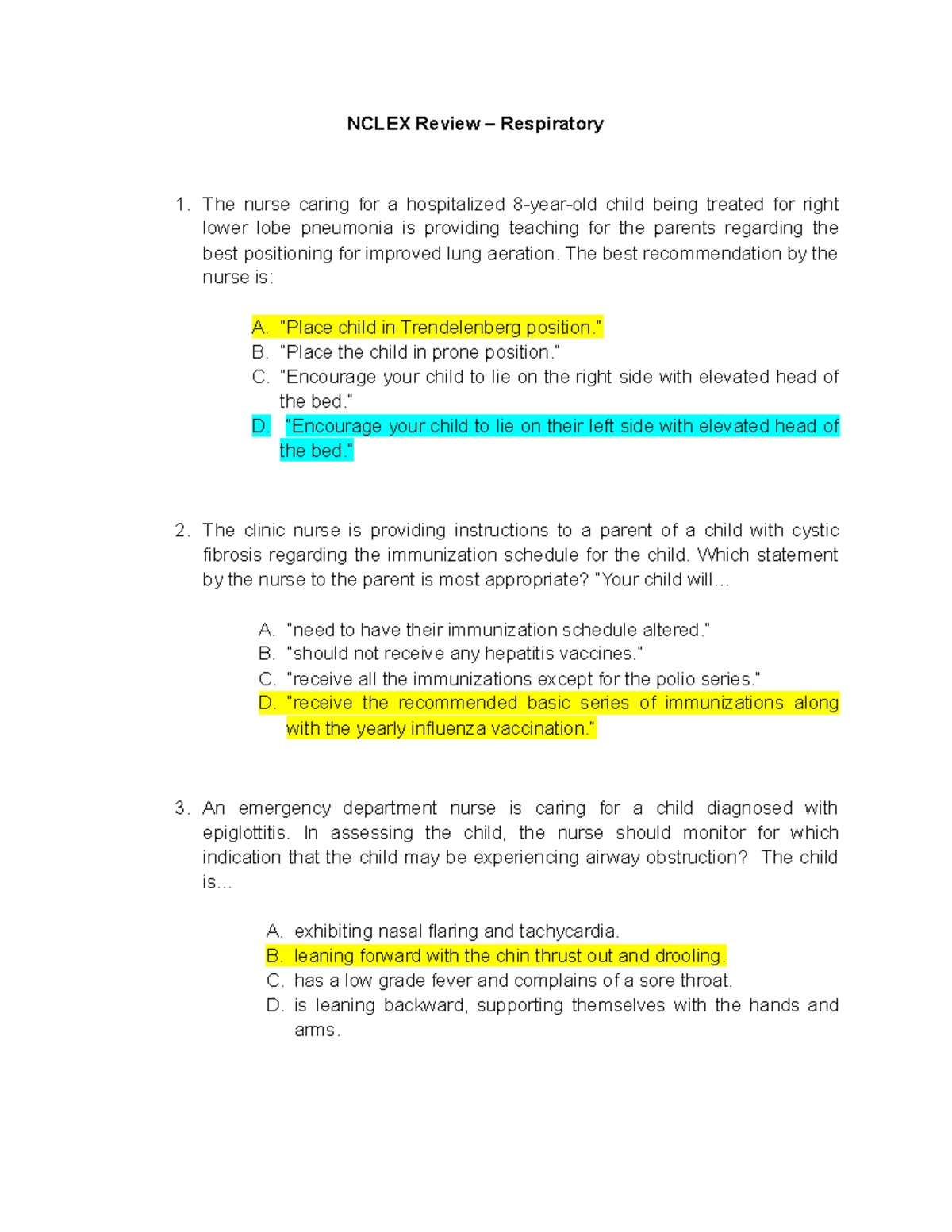 Nclex Review Questions - respiratory-3 - NCLEX Review – Respiratory The ...