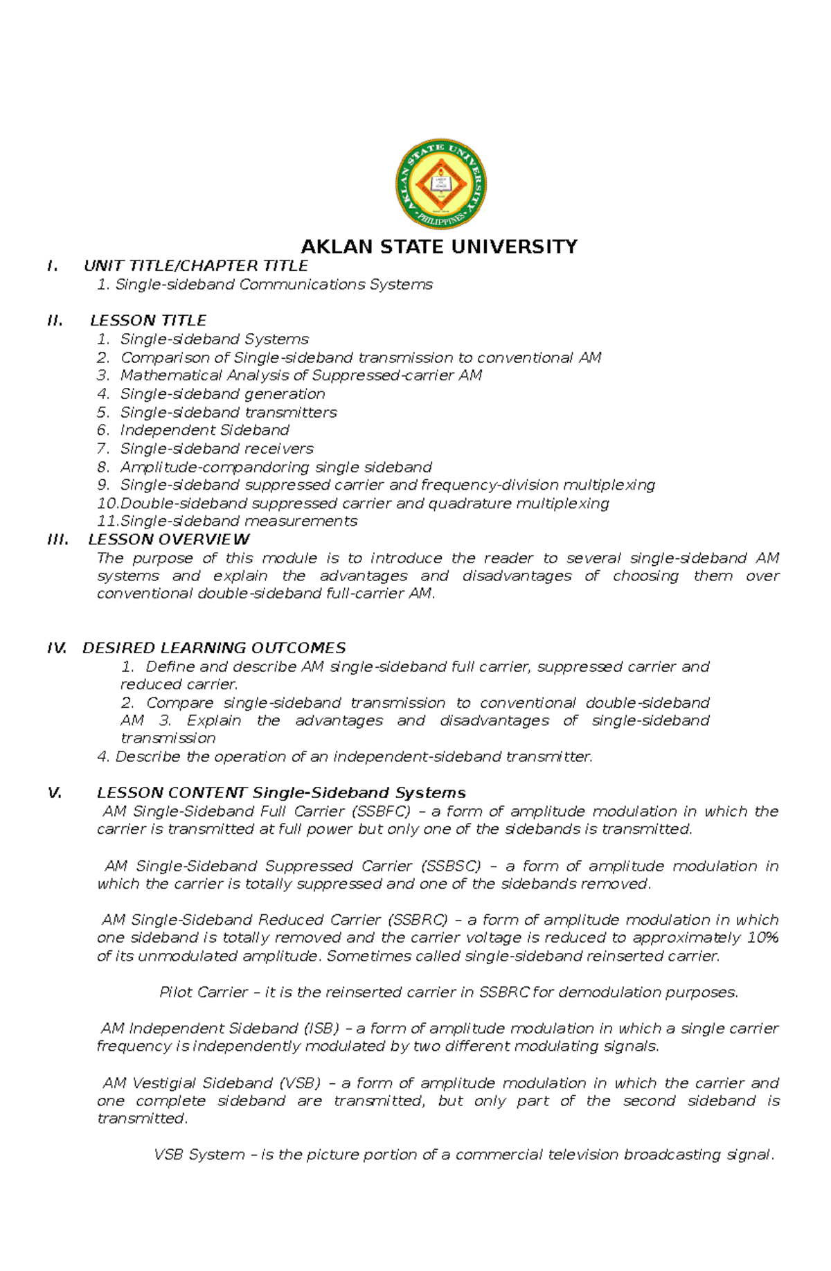 Single-sideband Communications Systems - AKLAN STATE UNIVERSITY I. UNIT ...
