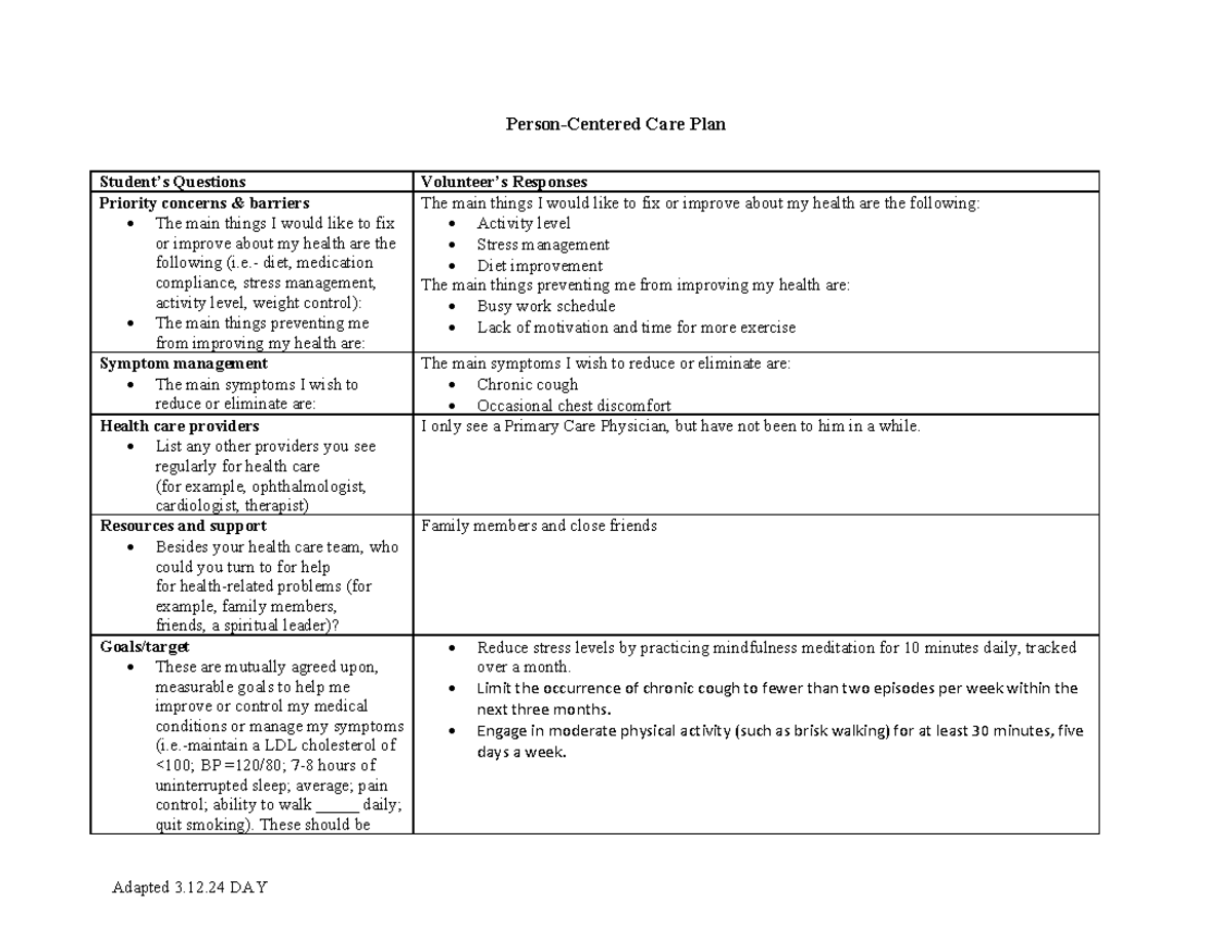 Person Centered Care - Adapted 3.12 DAY Person-Centered Care Plan ...