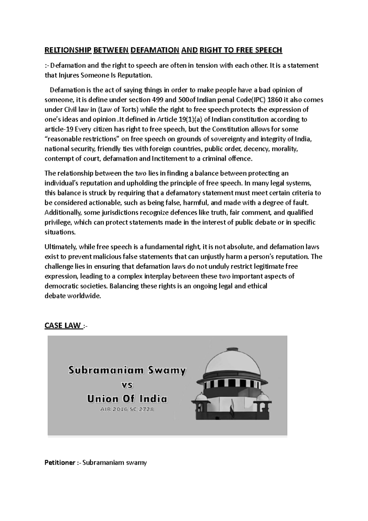 Relationship Between Defamation And Right to Free Speech - RELTIONSHIP ...